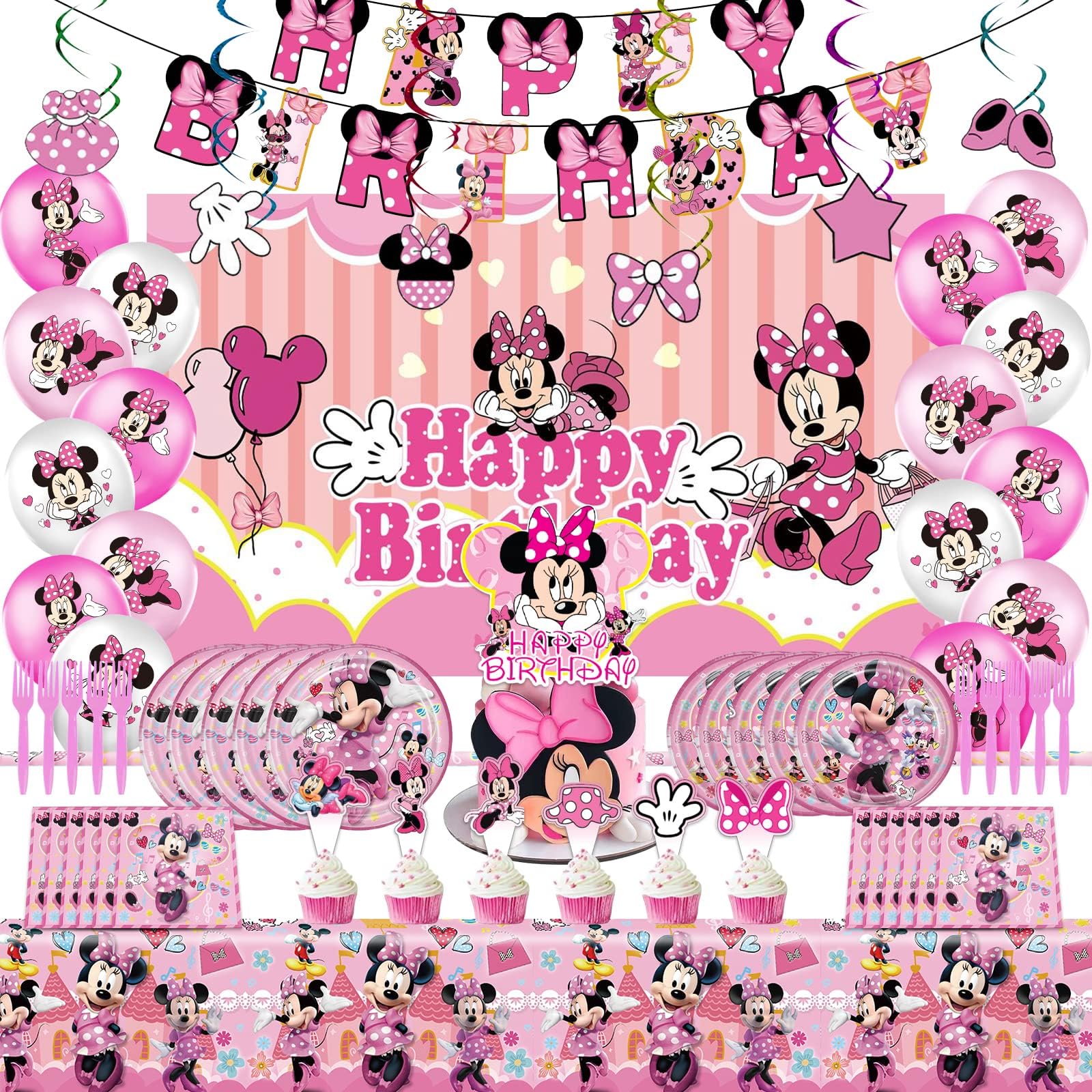 Amazon.com: Minnie Mouse Happy Birthday Plates & Napkins Party Supplies ...