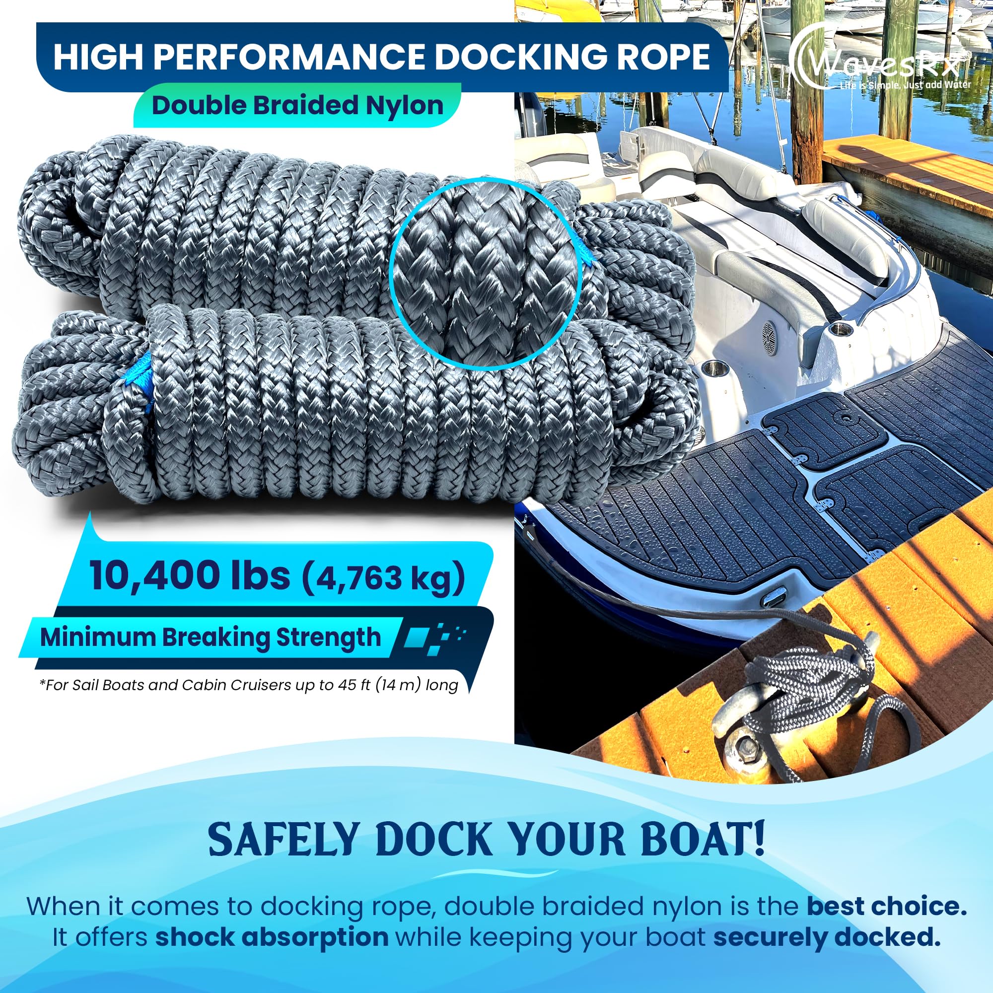 Snapklik.com : WAVESRX Premium Nylon Boat Dock Lines & Ropes, 5/8 X 25 ...