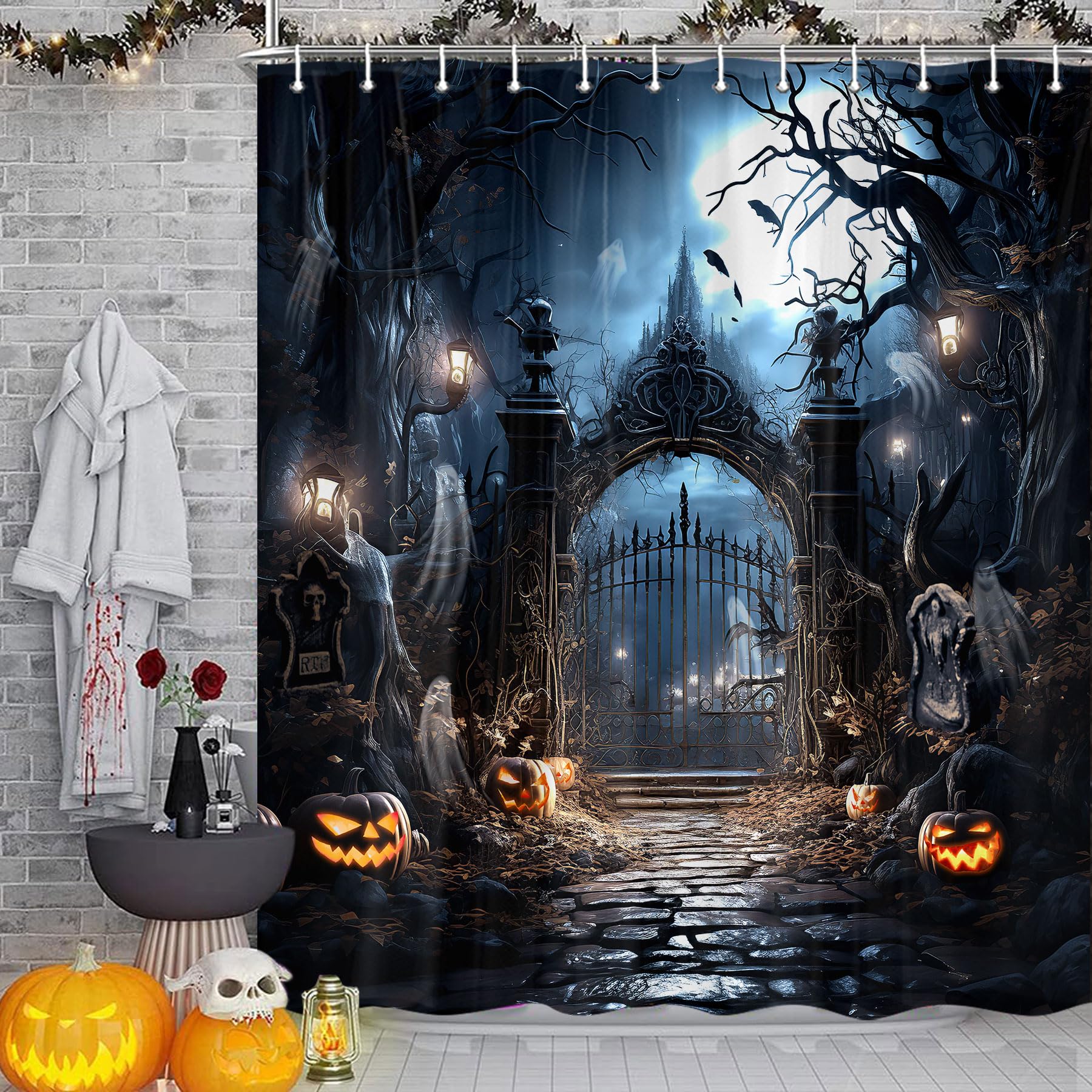 Amazon.com: Xiaoput Halloween Haunted Graveyard Shower Curtains, Horror ...