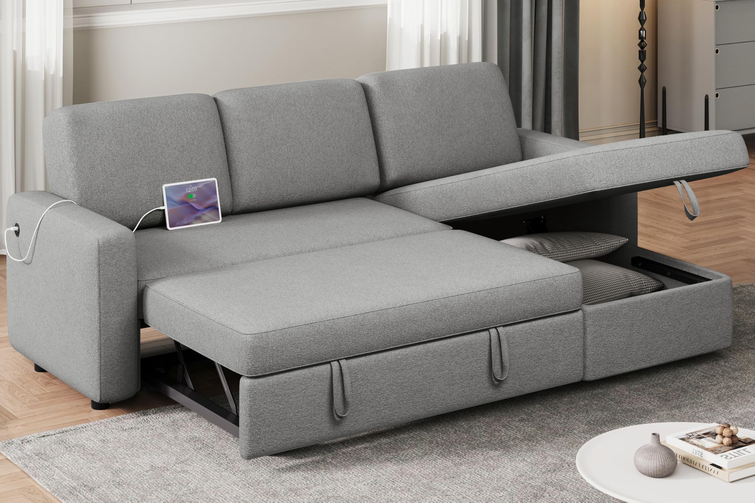 Yaheetech Sofá seccional en forma de L, sofá cama con chaise, sofá cama reversible con cama ...