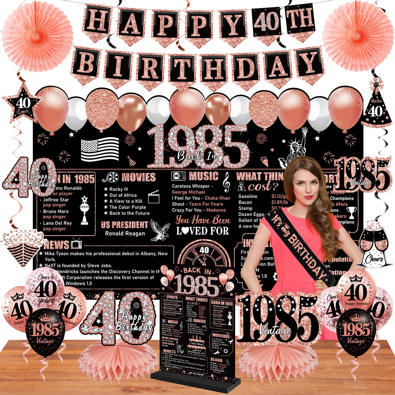 Amazon.com: 40th Birthday Decorations Kit for Women, Rose Gold 25PCS ...