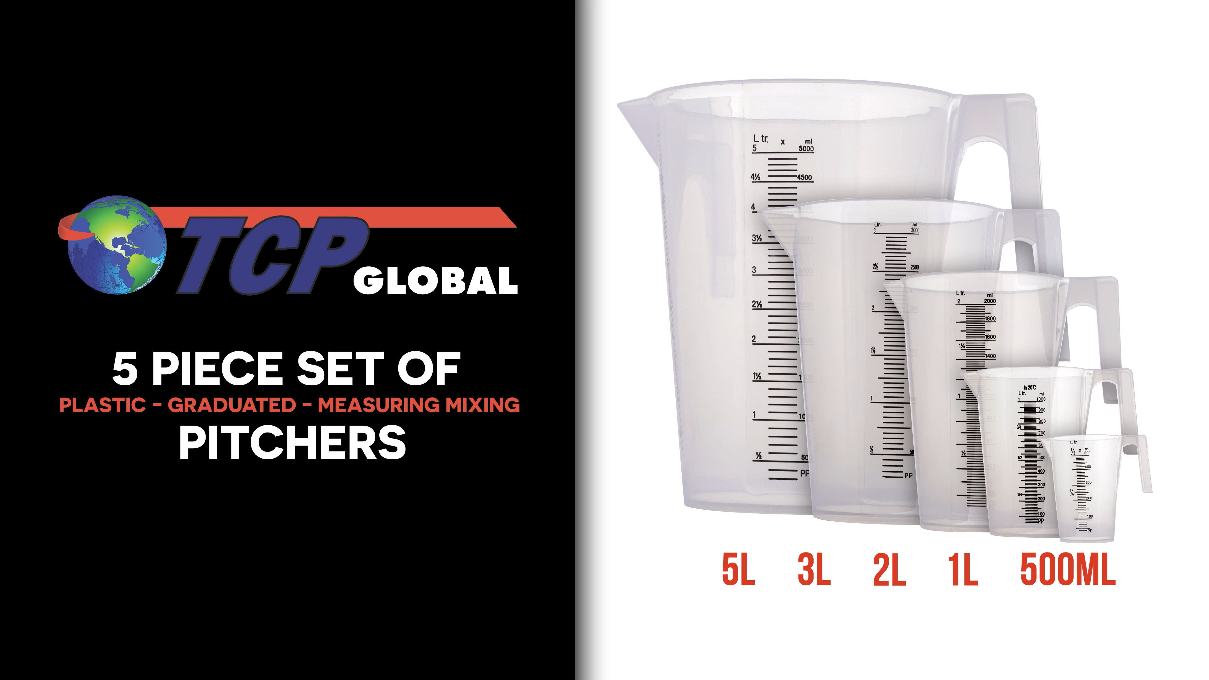 5 Piece Set -Plastic Graduated Measuring and Mixing Pitchers