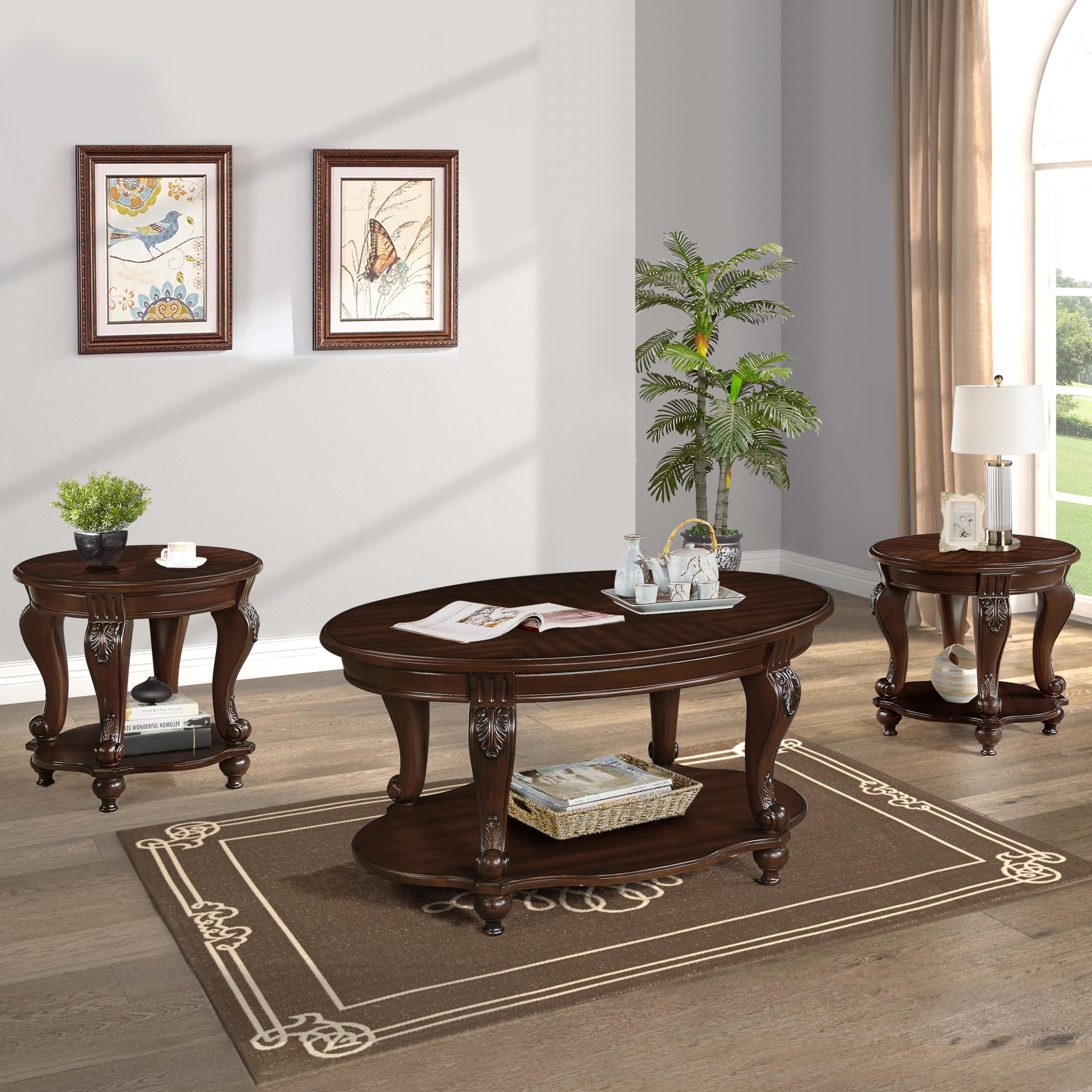Living Room Tables Cherry Wood 3 Tiered Farmhouse Fluted Console Table
