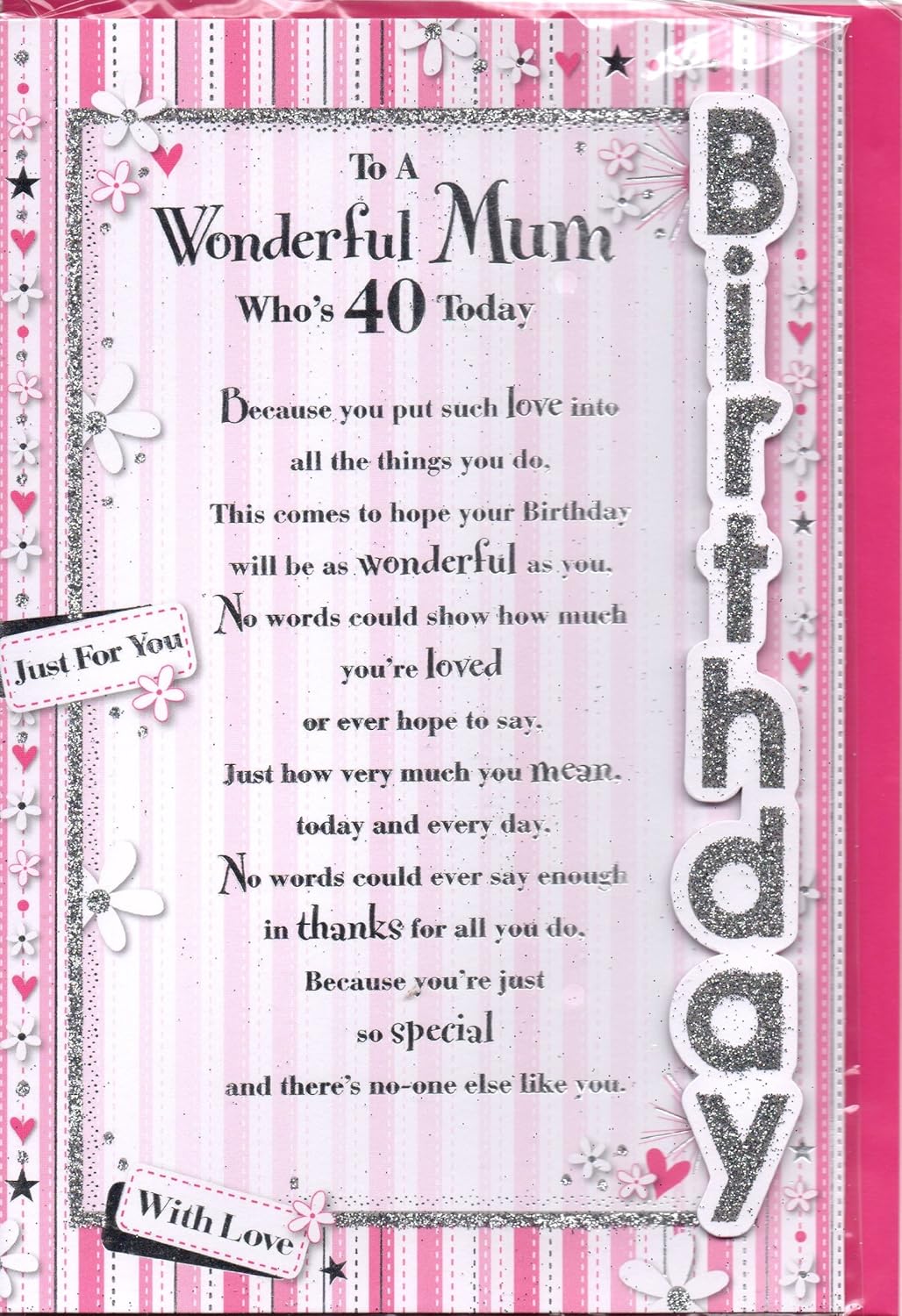 Amazon.com: Mum 40th Birthday Card - To A Wonderful Mum Who's 40 Today ...