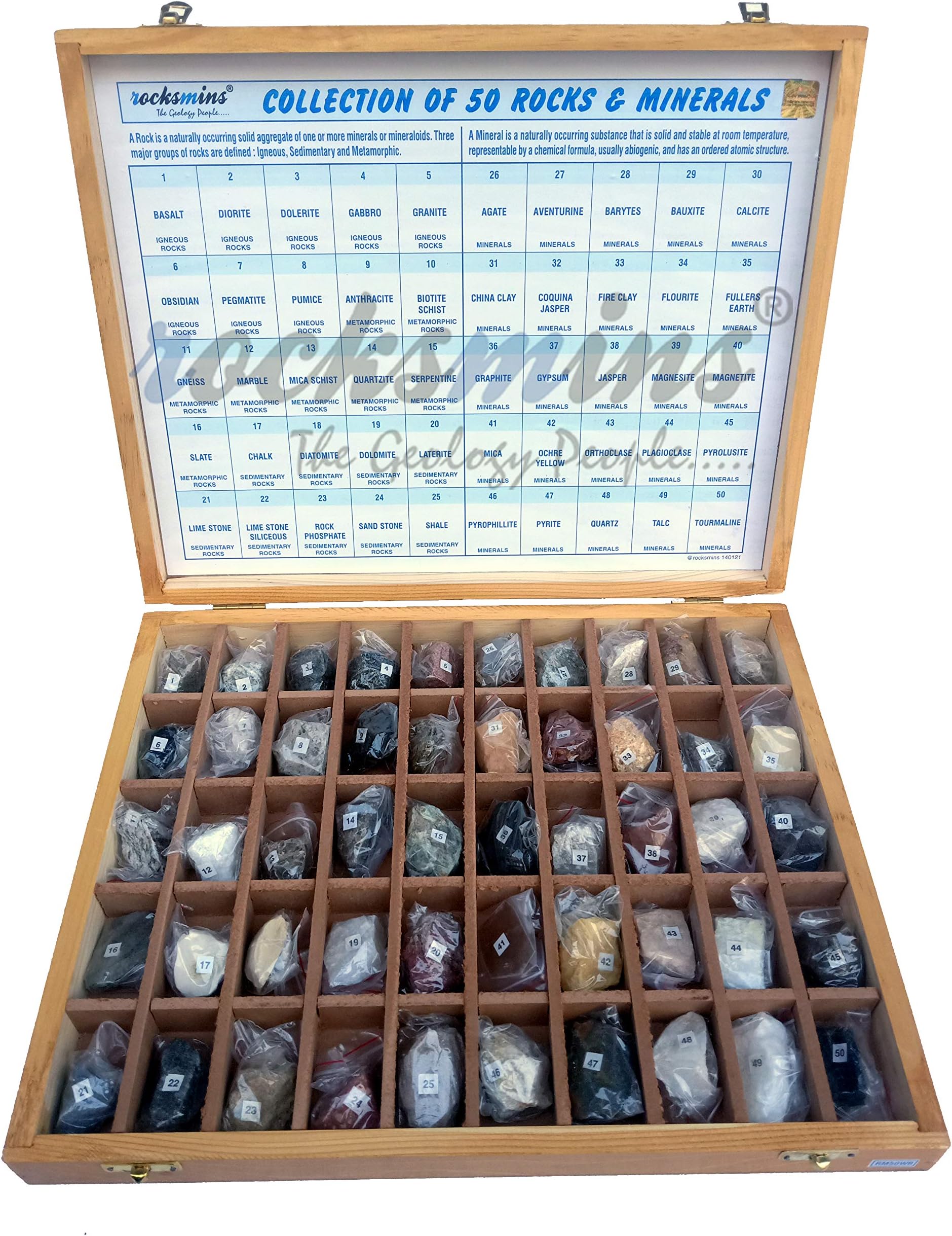 Buy Rocksmins Collection of 50 Rocks & Minerals in Wooden Box RM50WB ...