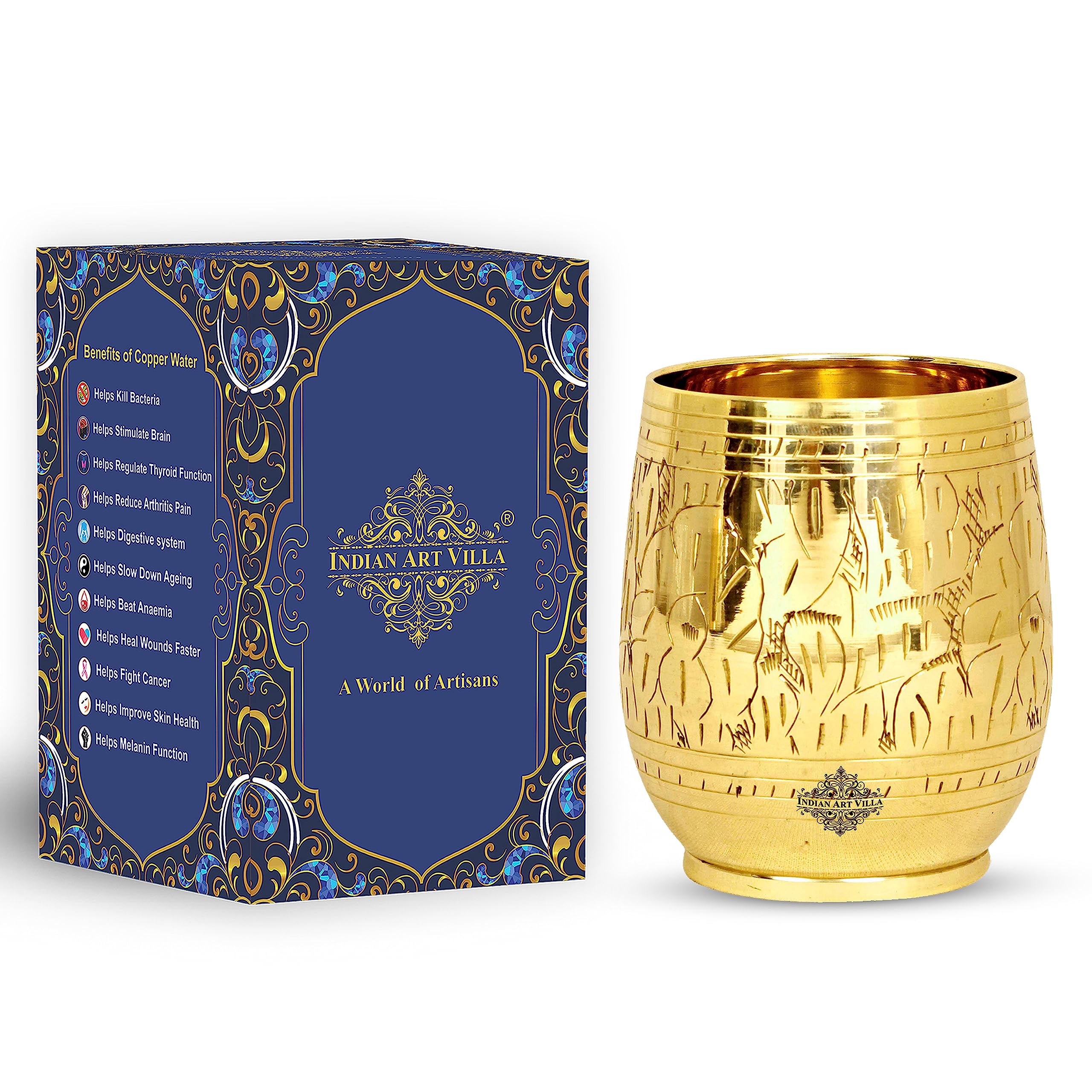 Buy INDIAN ART VILLA Pure Brass Glass Tumbler with Full Eatched Barrel ...