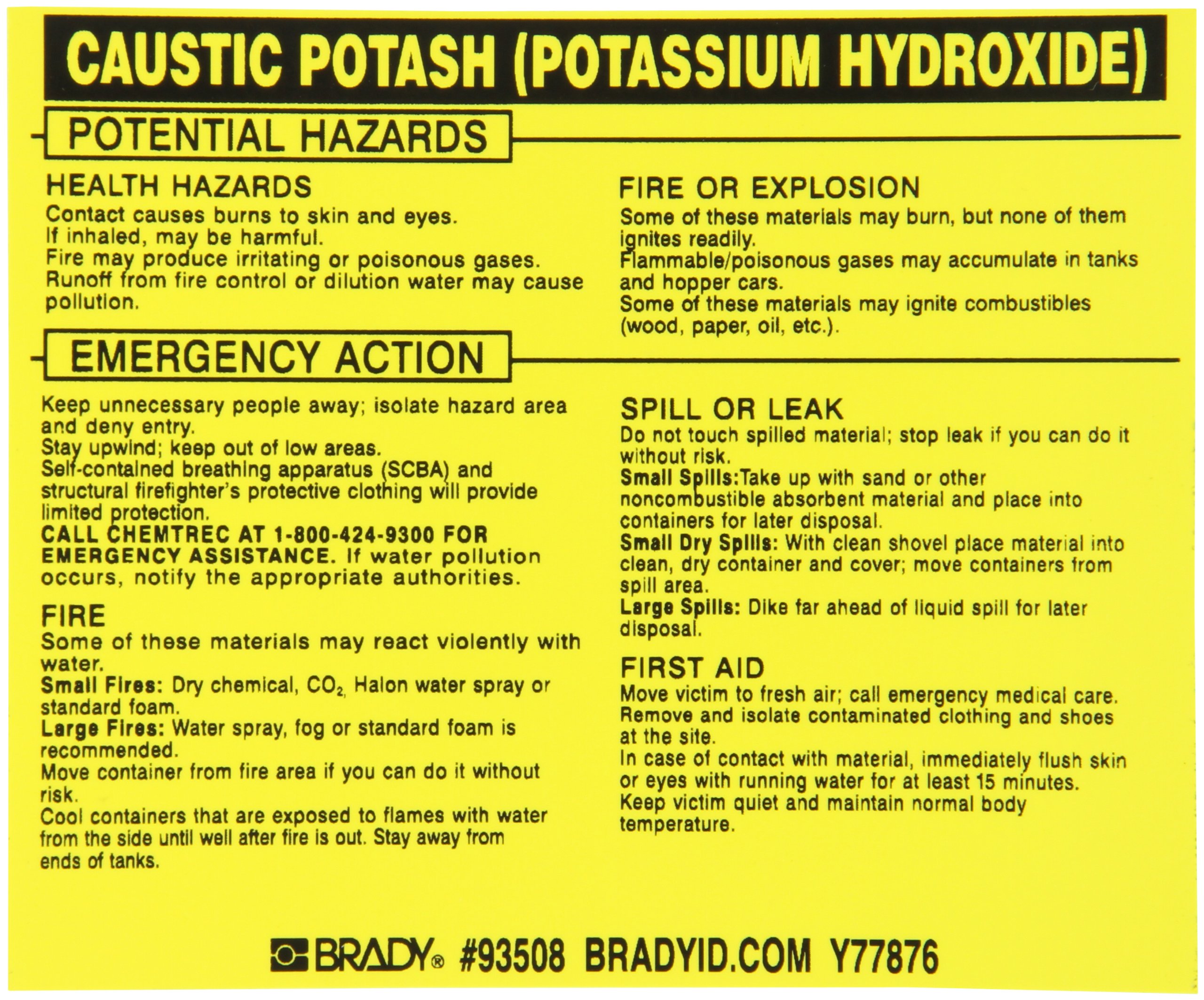 Brady 93508 Vinyl Hazardous Material Label Black On Yellow 3 ...