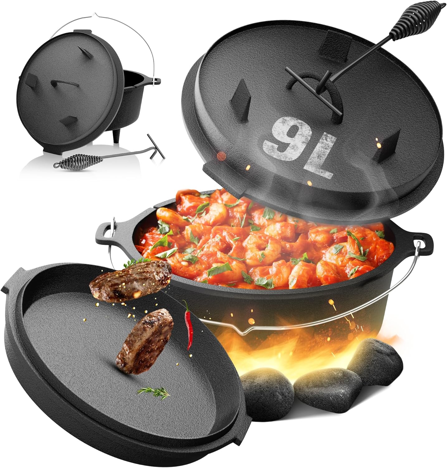 broil-master® Dutch Oven with Lid Cast Iron - 9 L, With Feet, Pre ...