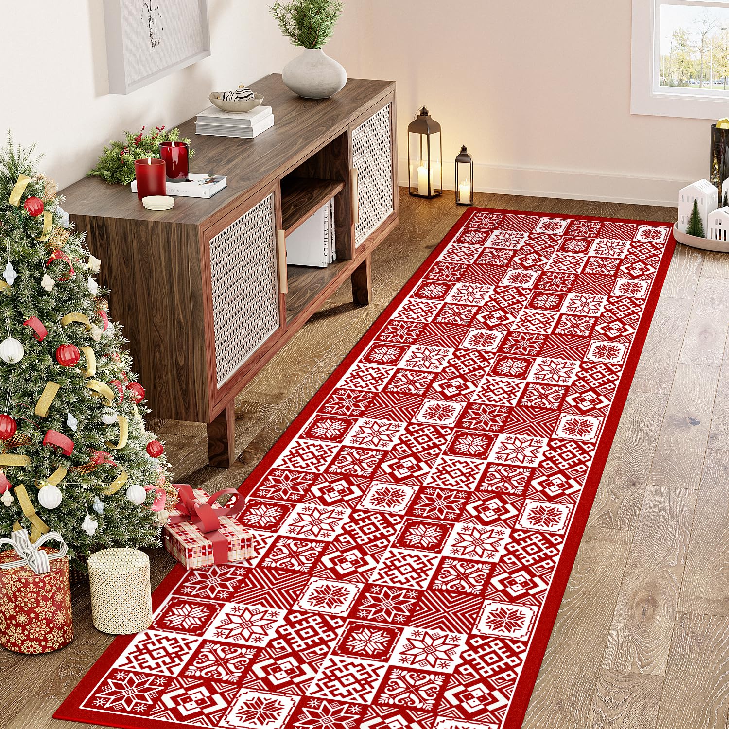 Amazon.com: WondRg Christmas Runner Rug 2x8 Red Snowflake Checkered ...