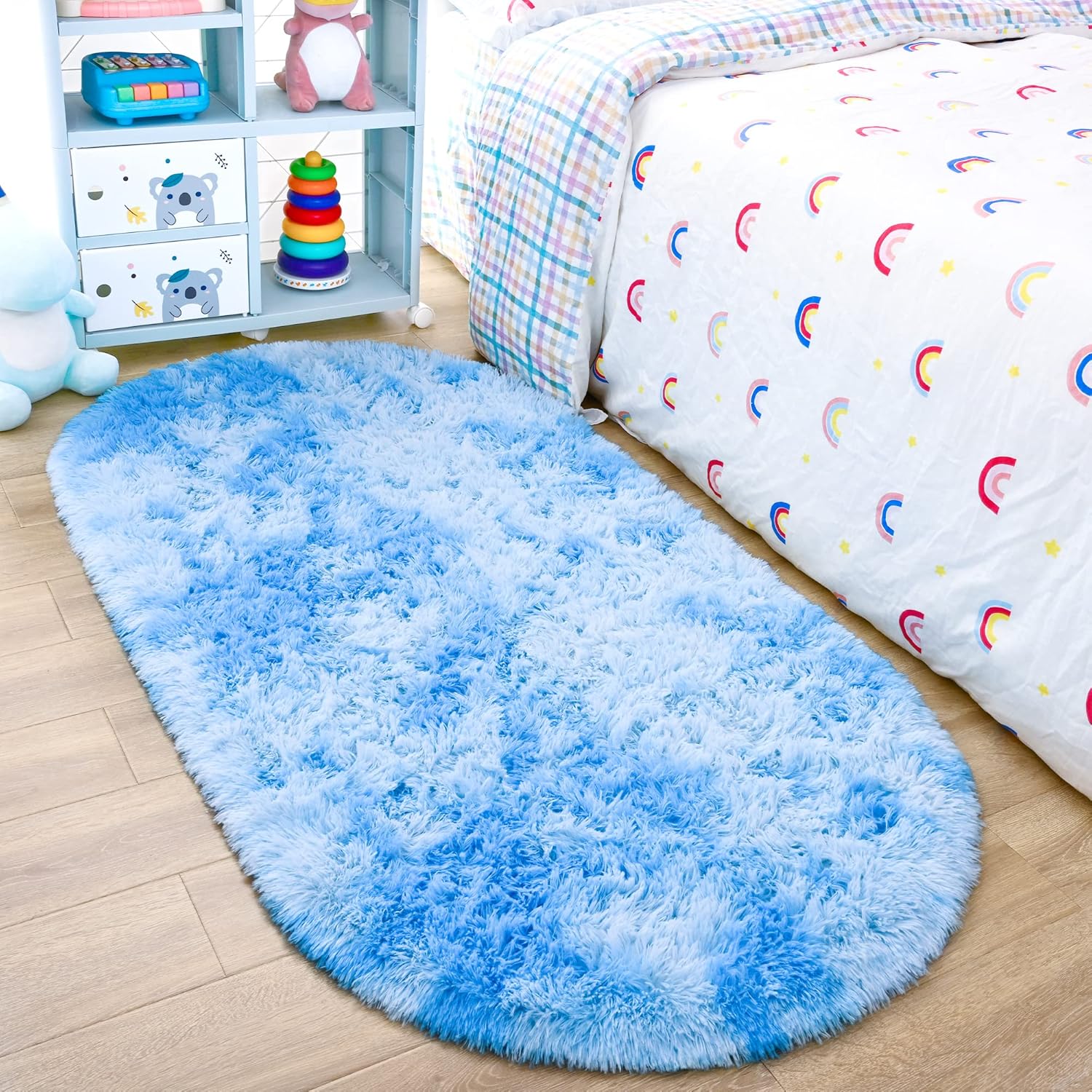 Amazon.com: Noahas Oval Fluffy Blue Rainbow Rug 2.6X5.3 Small Kids Rugs ...