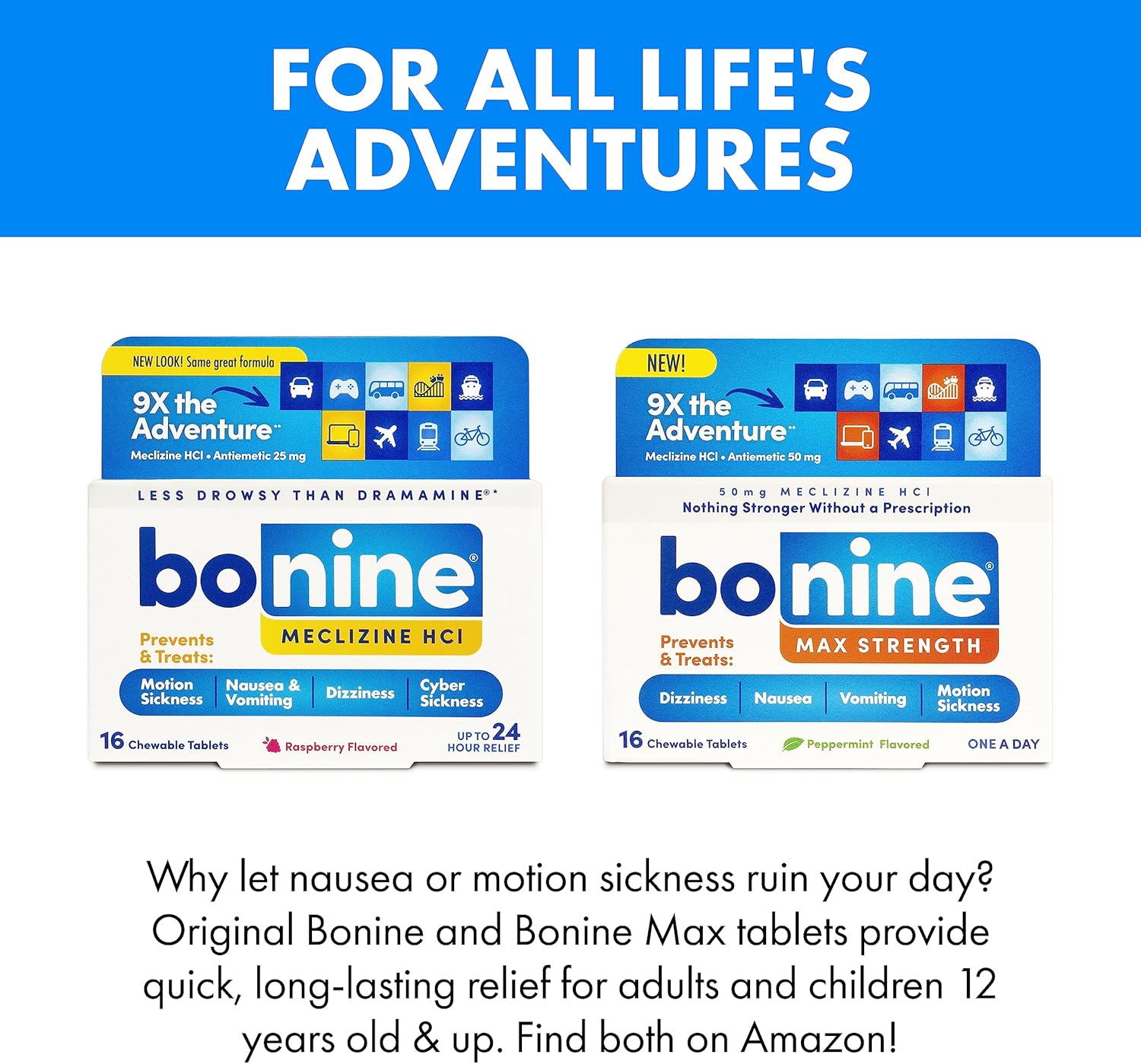 Bonine MAX Masticable para aliviar el mareo por movimiento, con ...