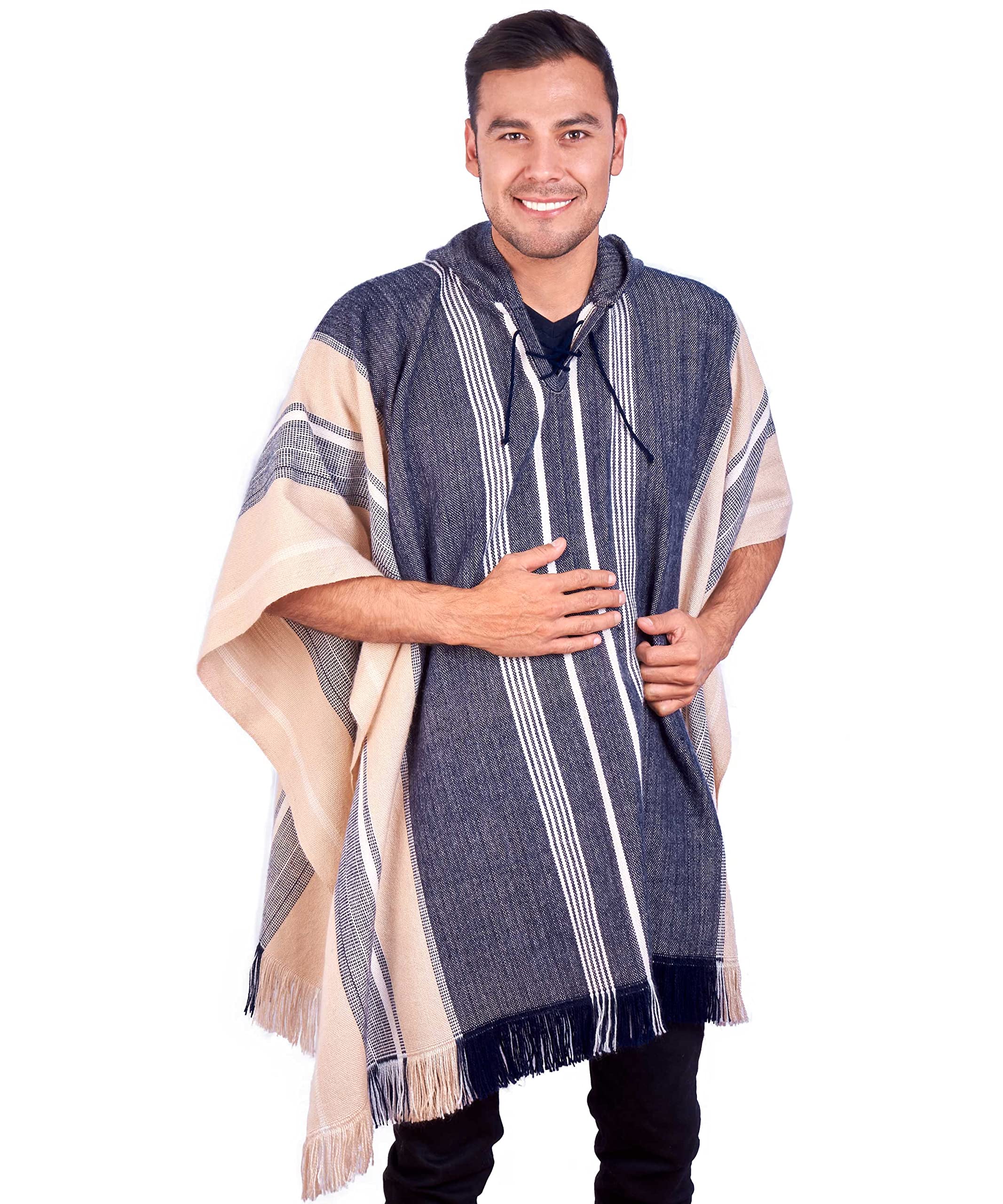 INTI ALPACA Hodded Beige and Blue Alpaca Poncho for Men “Suyana ...