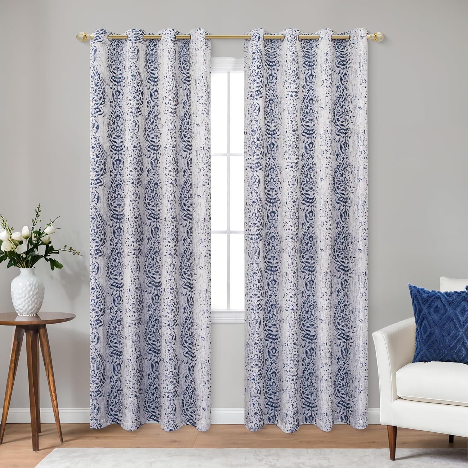 84 Inch Length Navy Blue Pattern Curtains for Living Room 2 Panel Set ...