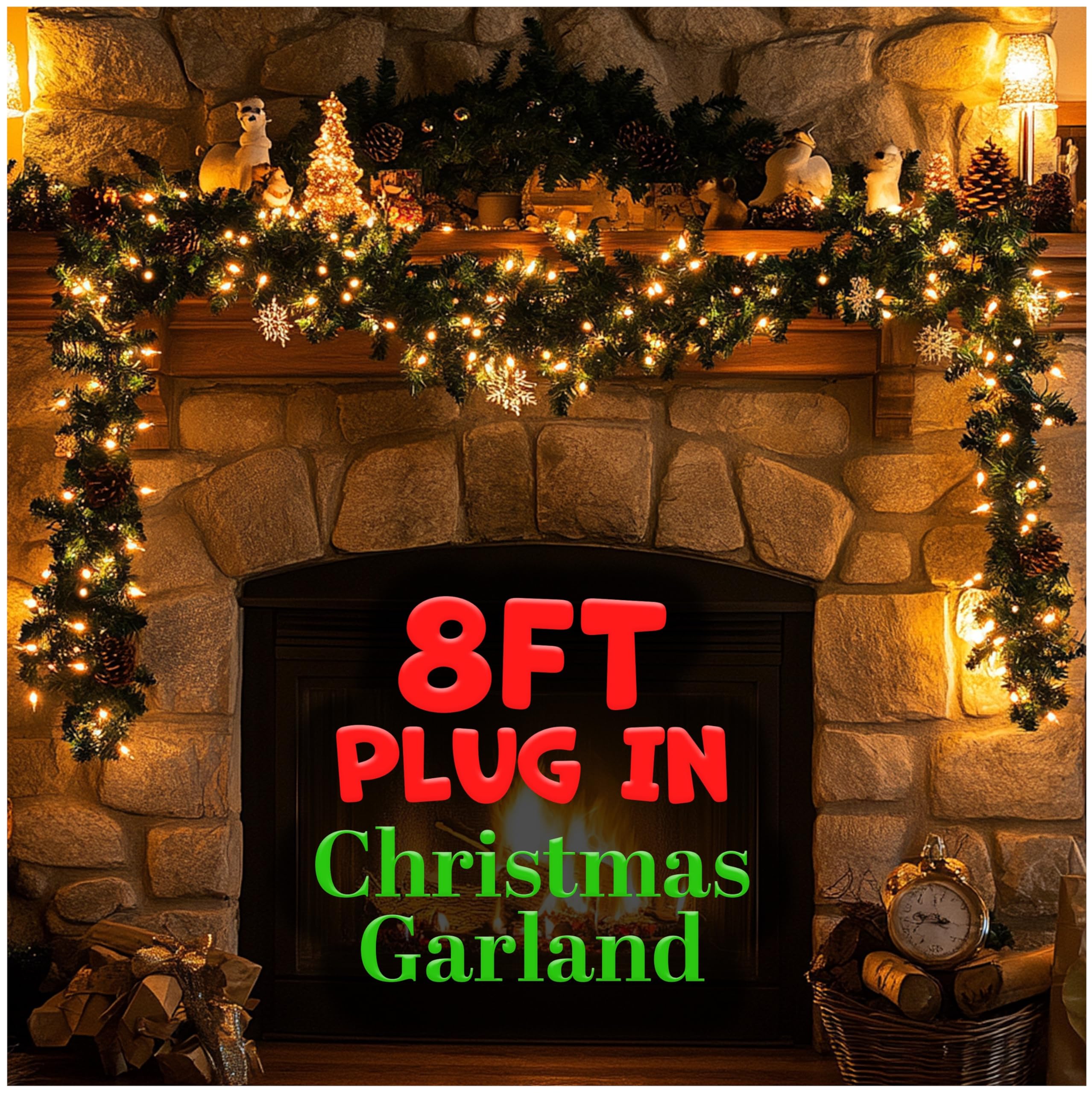 8-Foot Lighted Christmas Garland, 100 LED Plug-in Light Up Garland with ...