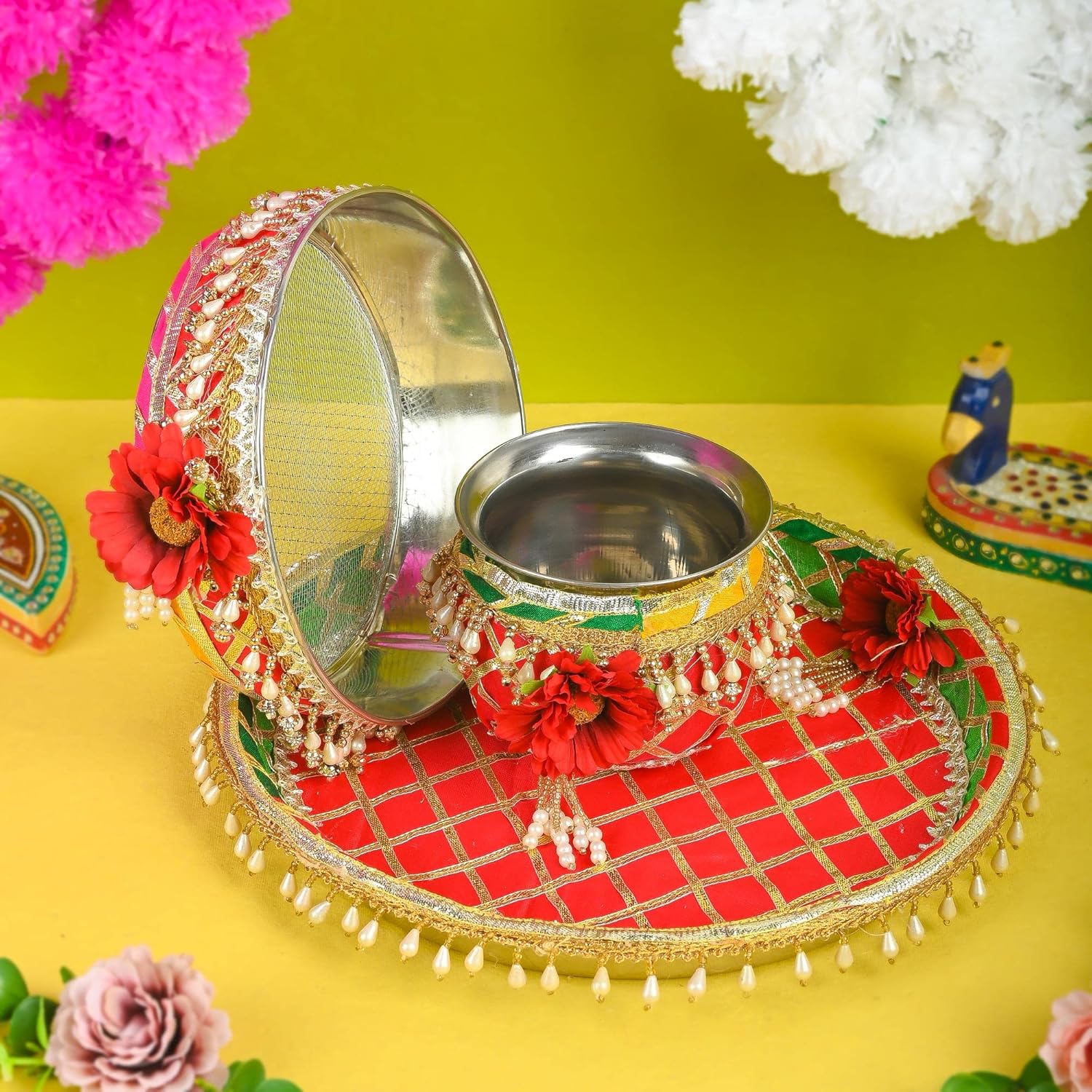 Perpetual Fancy Karwachauth Puja Thali Set - Pack of 3 Designer Karwa ...