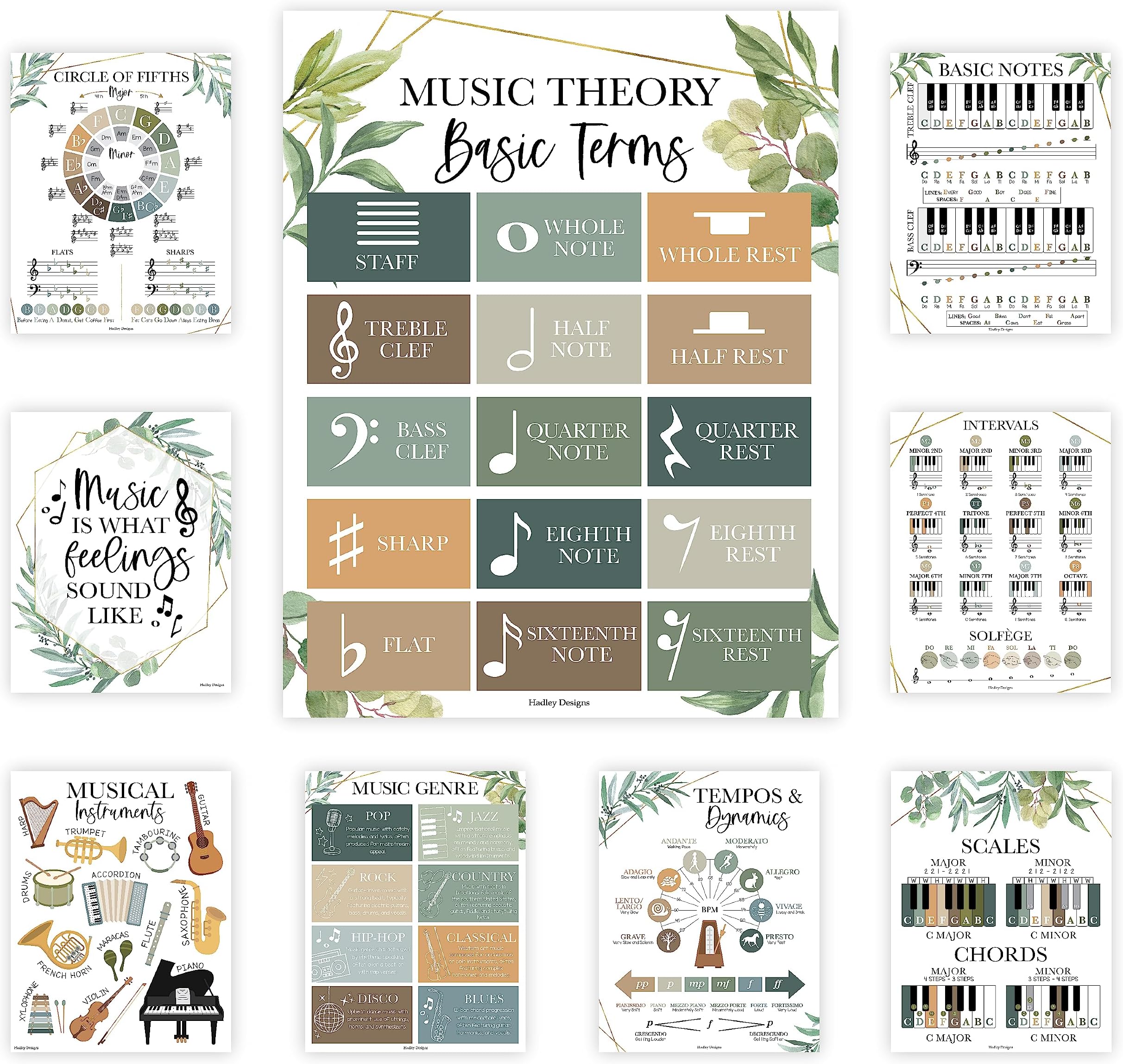 Amazon.com : Hadley Designs 9 Greenery Music Classroom Posters - Choir ...