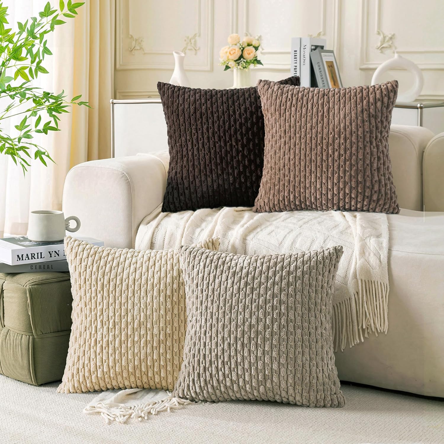 Amazon.com: Cozoomy Set of 4 Beige Brown Coffee Decorative Throw Pillow ...