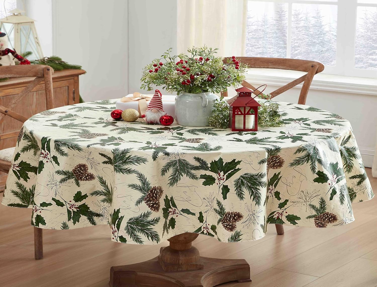 Amazon.com: Newbridge Joyful Holly Rustic Christmas Vinyl Tablecloth ...