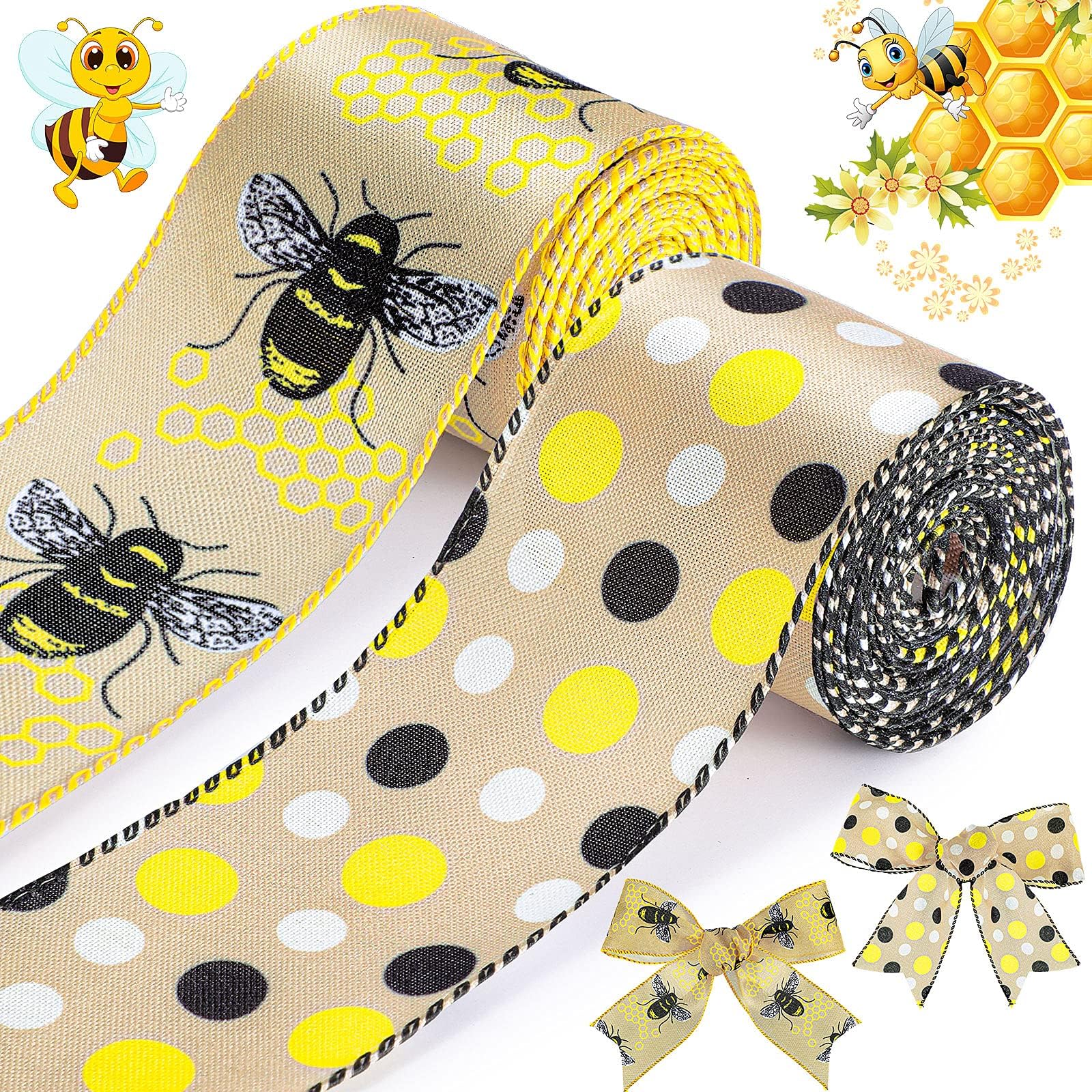 Amazon.com: Generic AnyDesign 4 Rolls Honey Bee Wired Ribbon 2.5 Inch ...