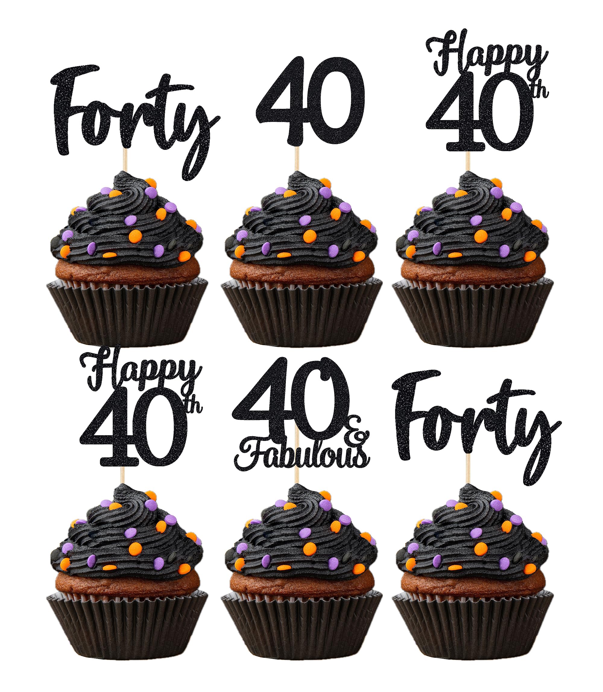Snapklik.com : 24 Pcs 40 Birthday Cupcake Toppers -BLACK Glitter, 40th ...