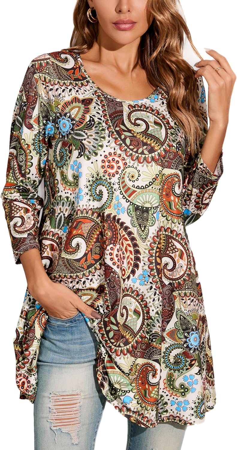 ENMAIN Tunic Tops for Women 3/4 Sleeve Plus Size Loose Fit Flare T ...