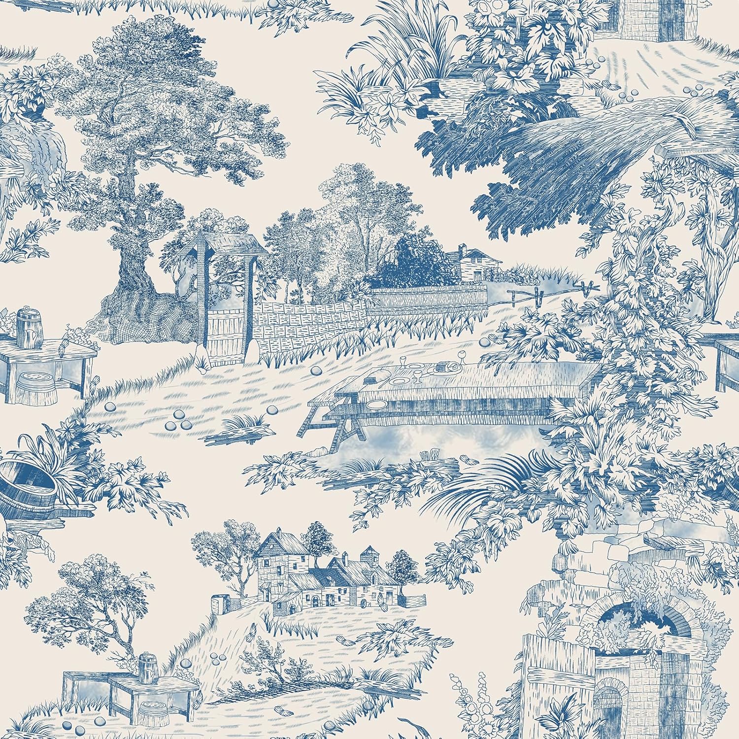 VaryStyle Beige/Blue Toile Wallpaper French Country Peel and Stick ...