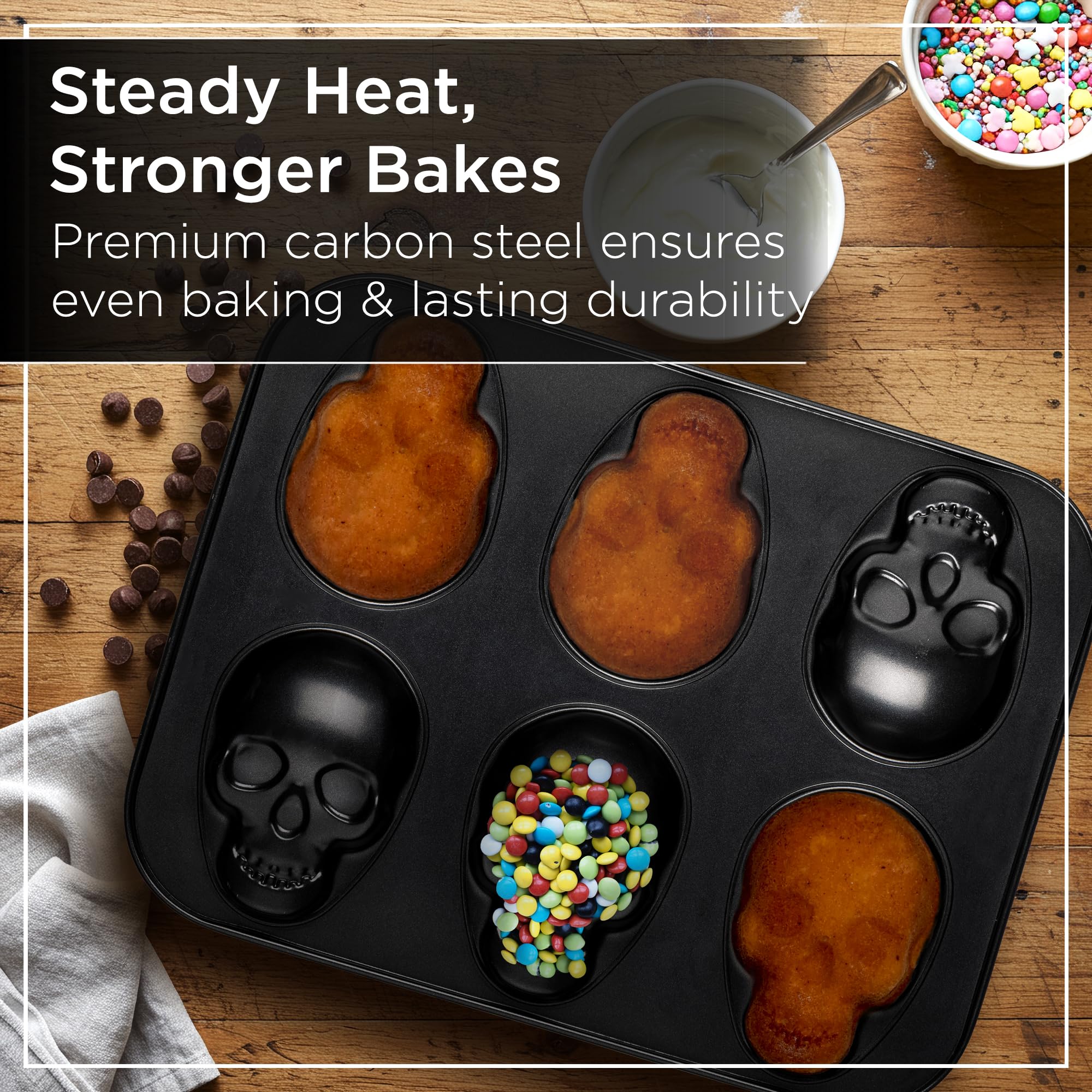 Snapklik.com : Large Skull Cupcake Baking Pan - Non Stick 6 Cup Spooky ...