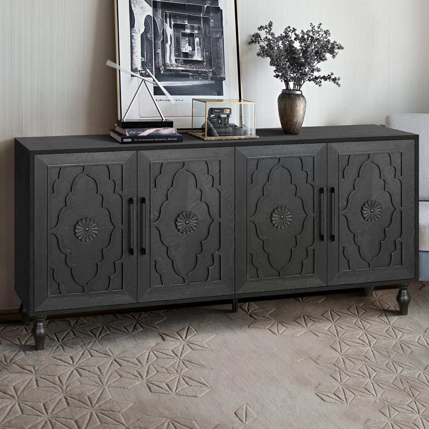 Amazon.com: Carved Flower Door Large Storage Cabinet with Metal Handle ...