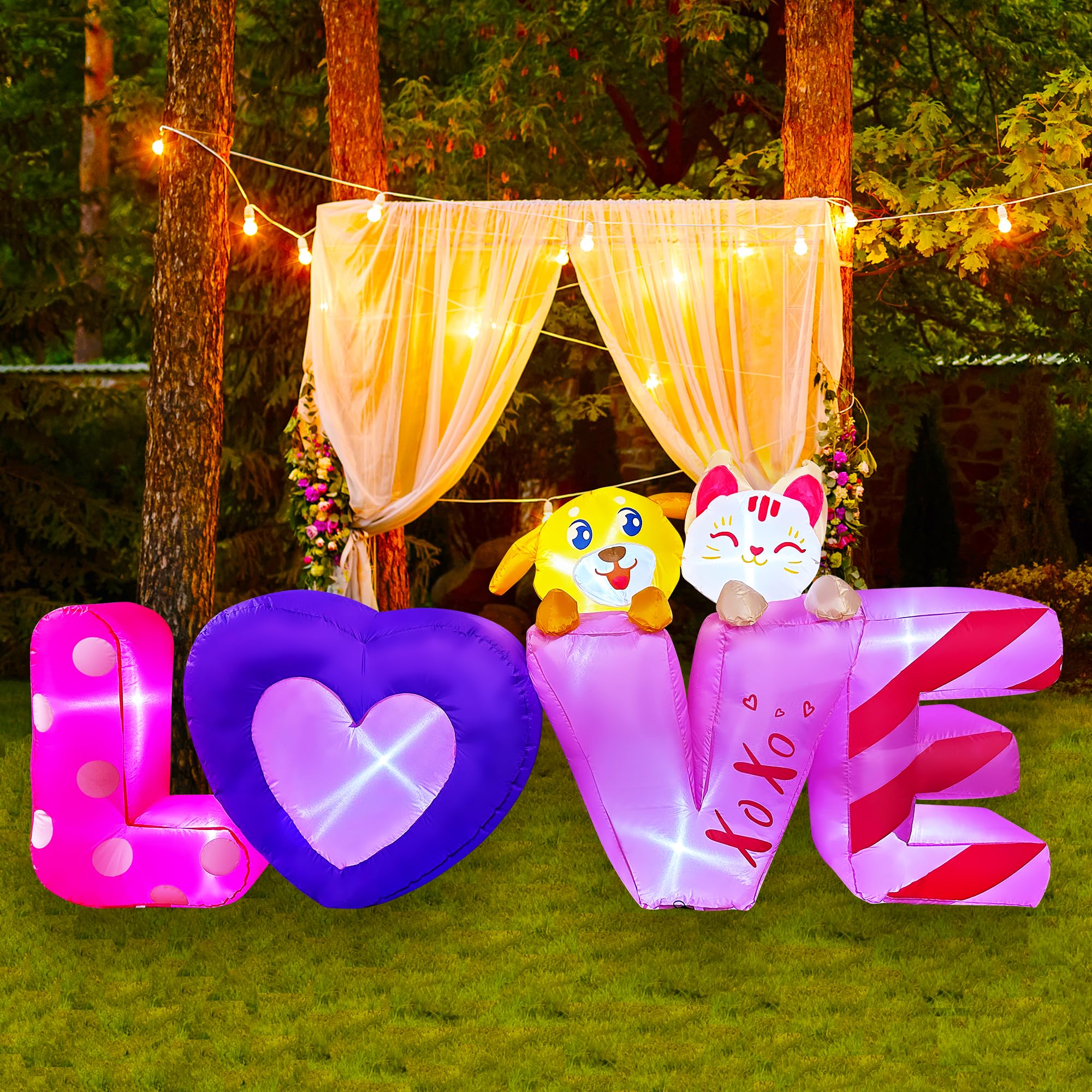 SEASONBLOW 8 FT Valentine's Inflatable Love Heart with Dog and Cat LED ...