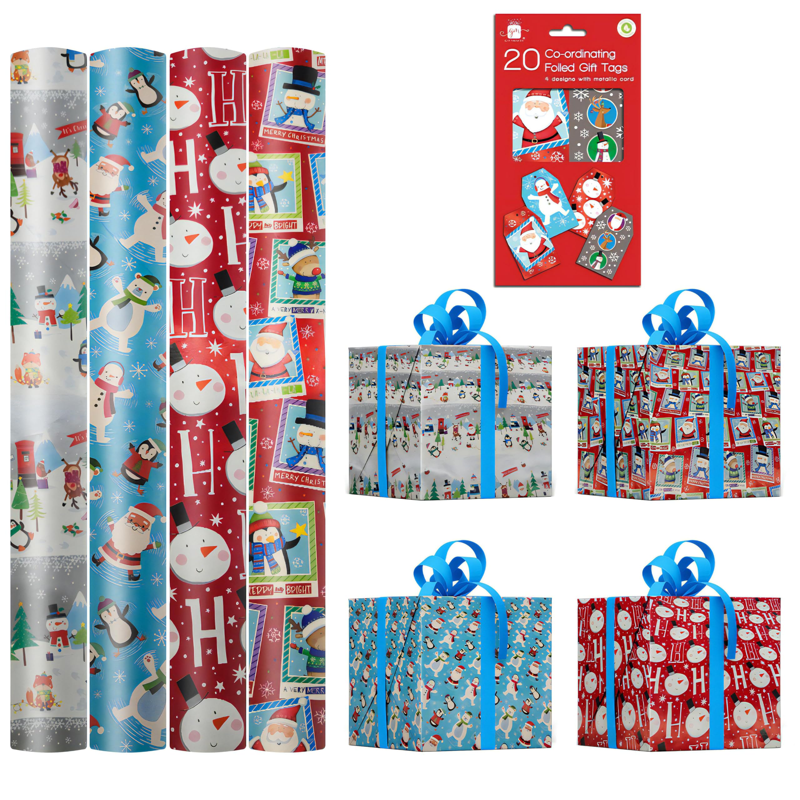 ANGIX 4 x 7M Christmas Wrapping Paper Roll with 20 Matching Gift Tags ...