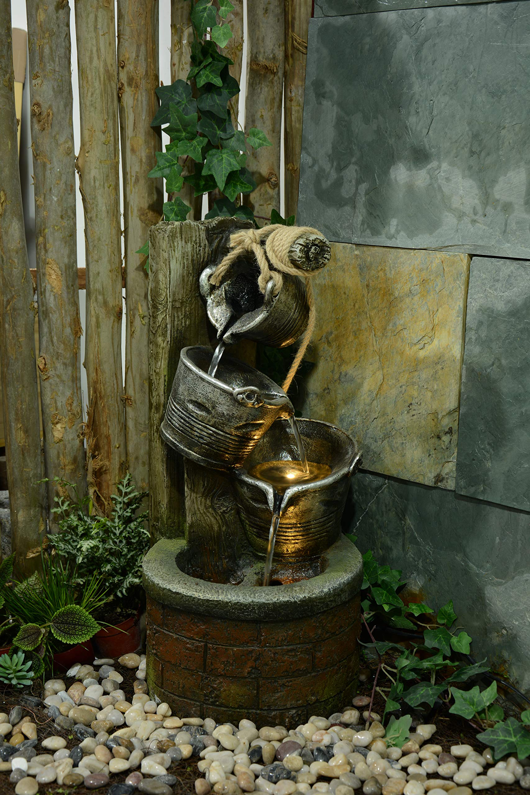 Amazon.com: Hi-Line Gift 3 Pouring Buckets Fountain with 2 Warm White ...