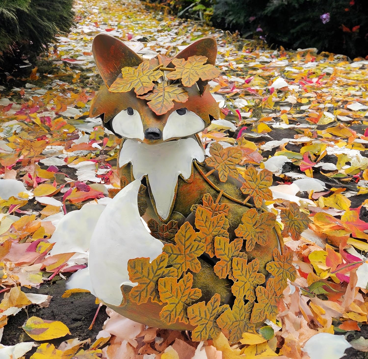 Amazon.com: Metal Fox Statue Garden Decoration,Interesting Maple Leaf ...