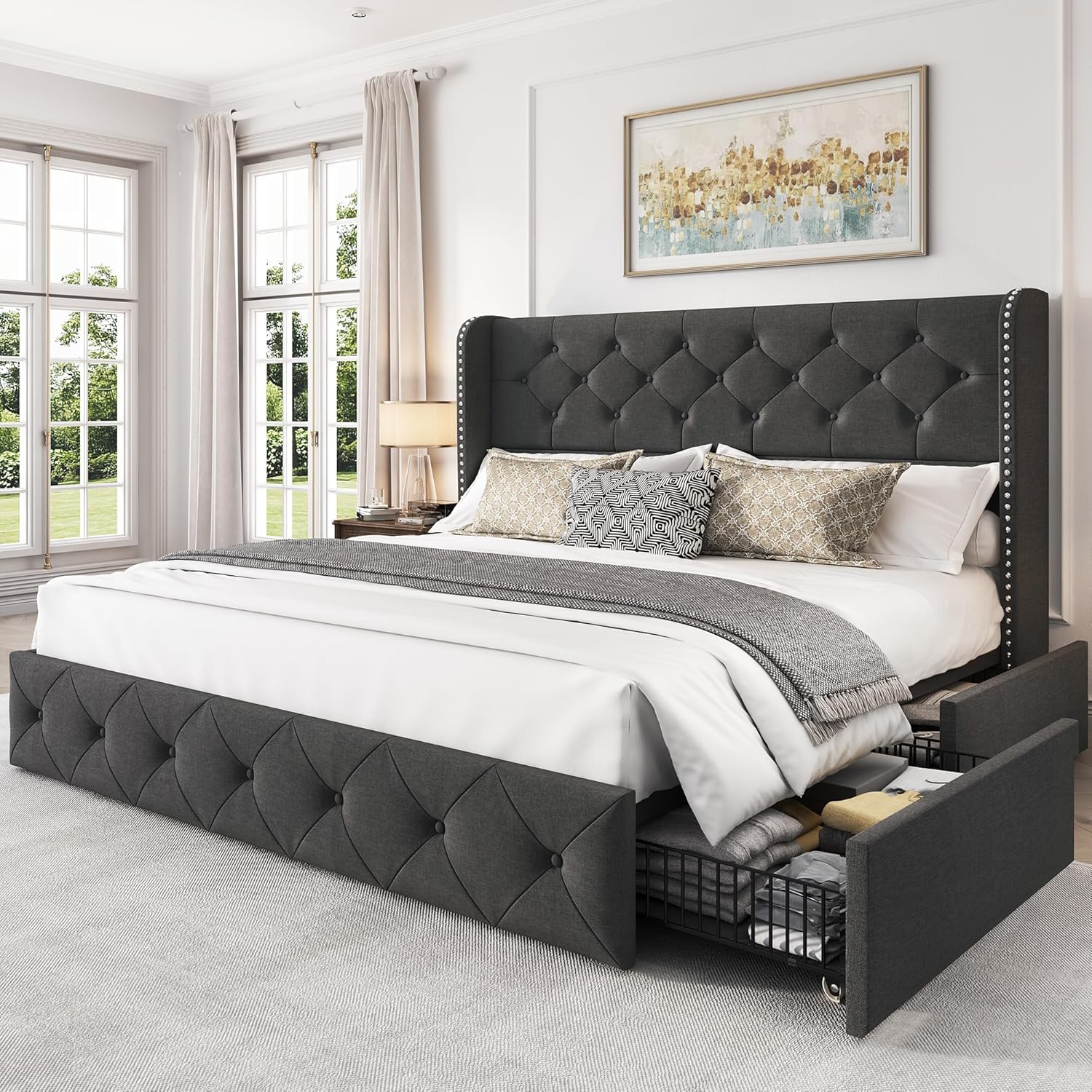 Amazon.com: LARMACE Upholstered Queen Size Bed Frame with 4 Storage ...