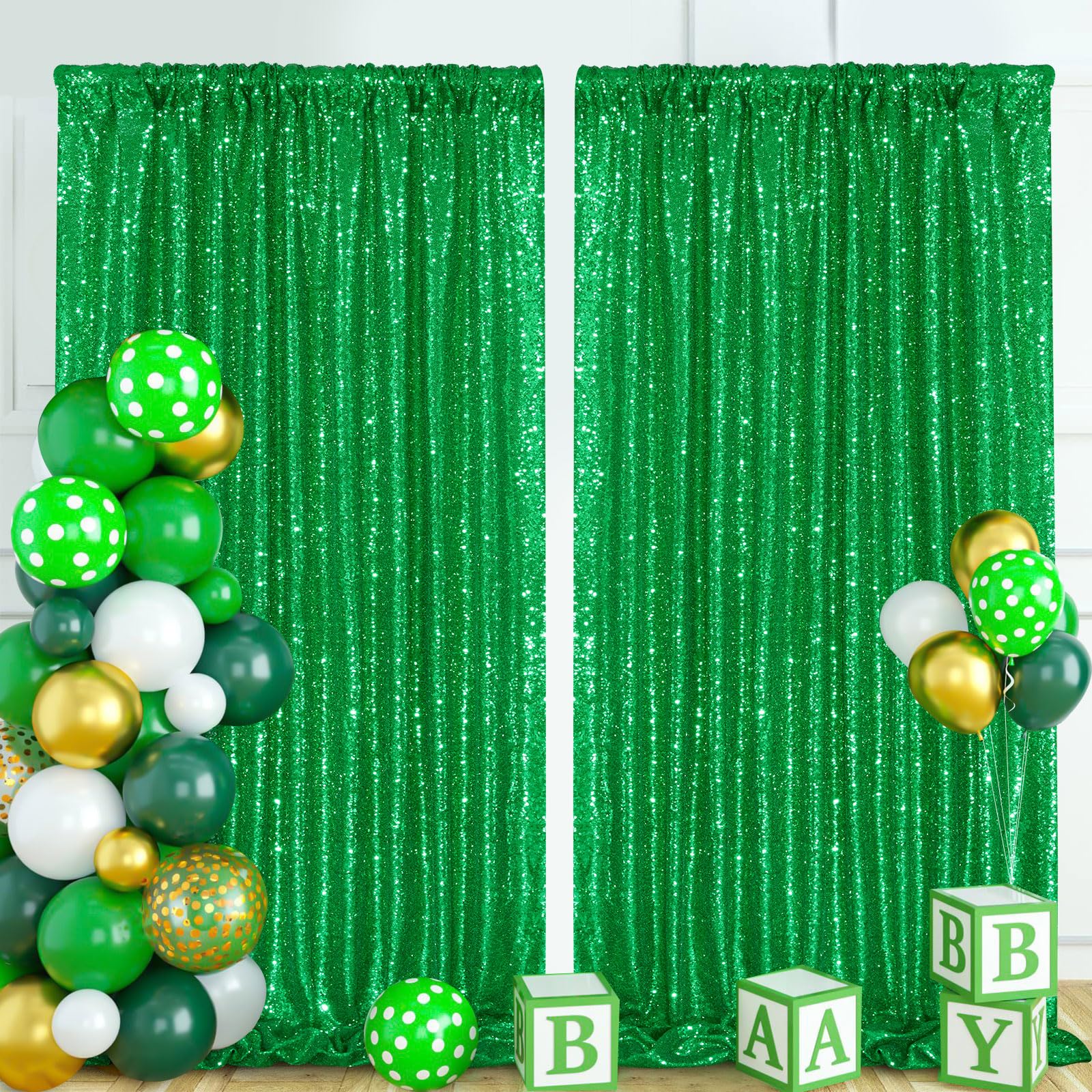 Amazon.com : Green Sequin Backdrop Curtains 2 Pcs 5FTx10FT Glitter ...