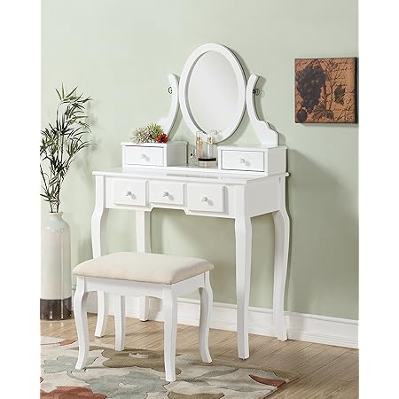 Amazon.com: Roundhill Furniture Moniya White Wood Vanity Table and ...