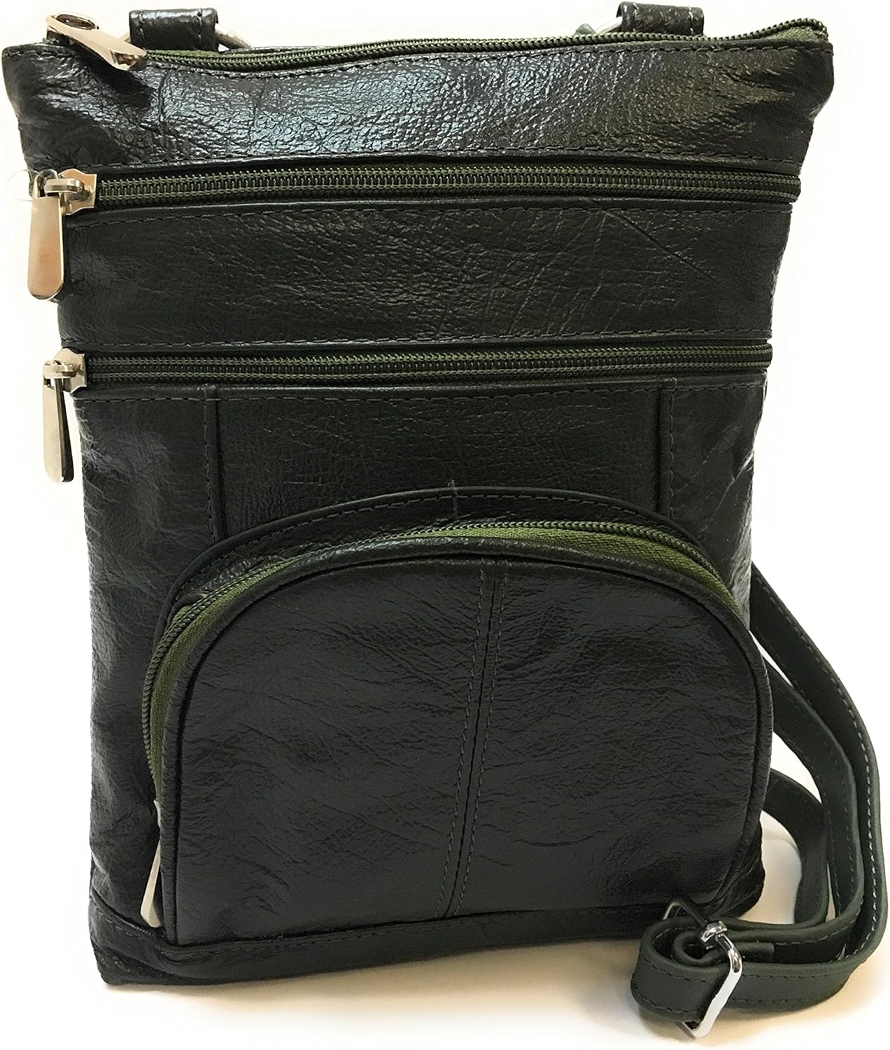 Womens Green Leather Bag 3 Zipper & Cell Phone Compartments, Front ...
