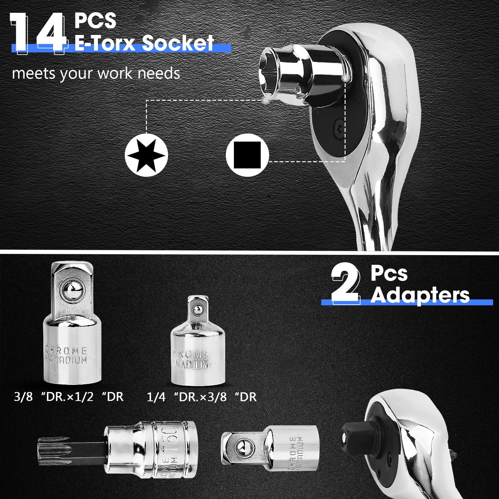 PTSTEL 53PCS Master Torx Bit Socket Set, Female E-Torx Sockets, Star ...