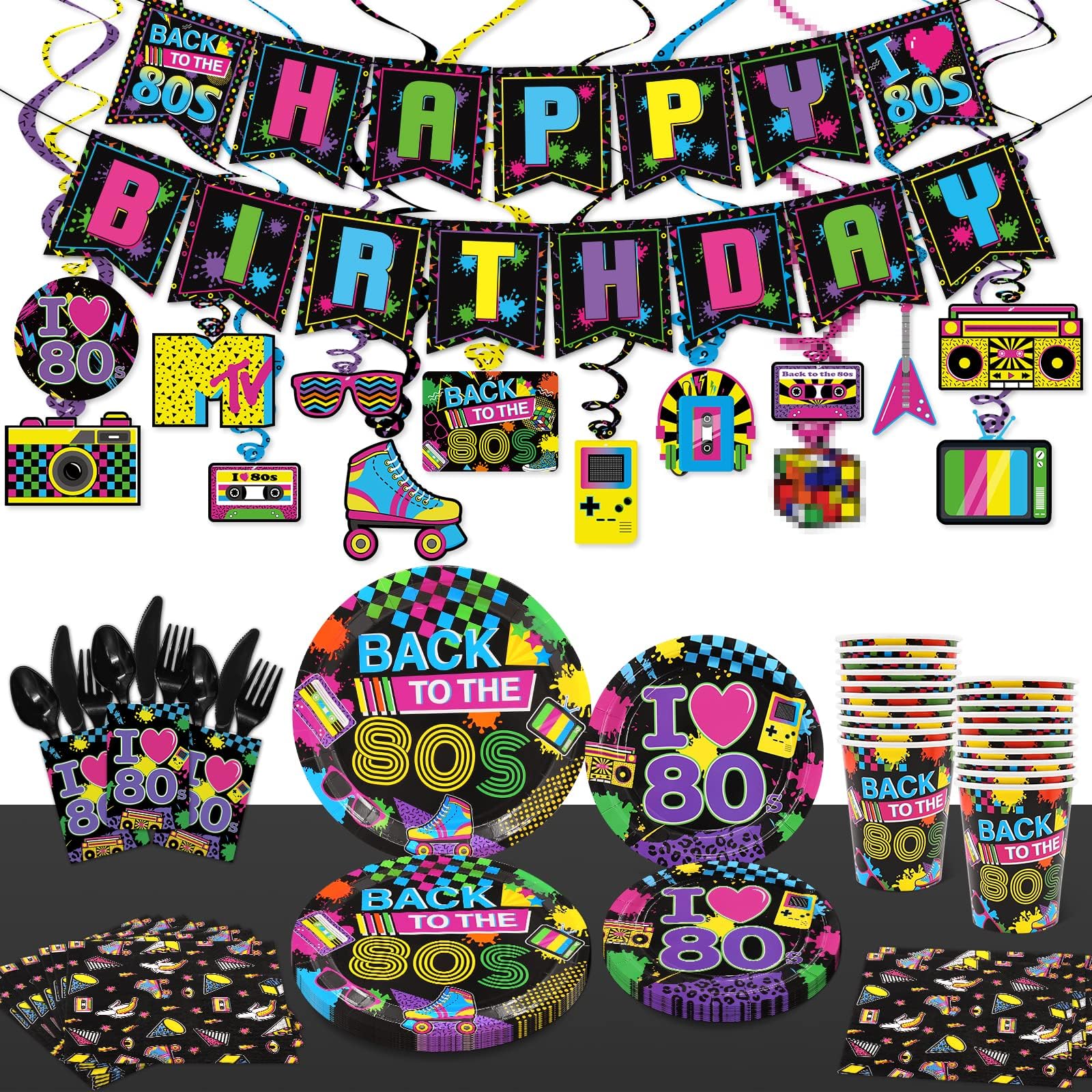 Amazon.com: Avezano 192 Pcs 80’s Party Tableware Set 80s Birthday Hip ...