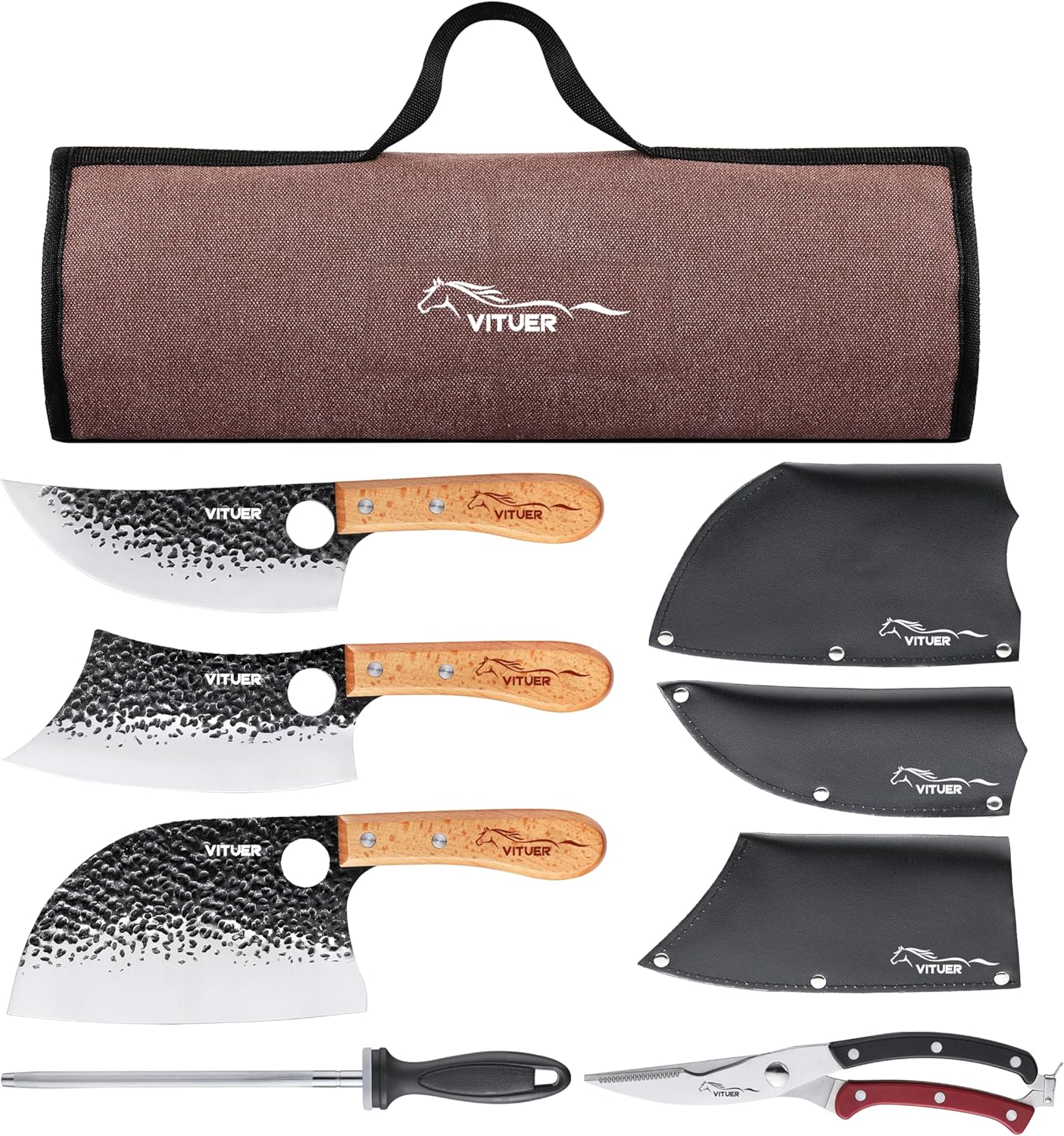 Amazon.com: 9 PCS Butcher Viking Camping Knife Set, 7" Serbian Chef ...