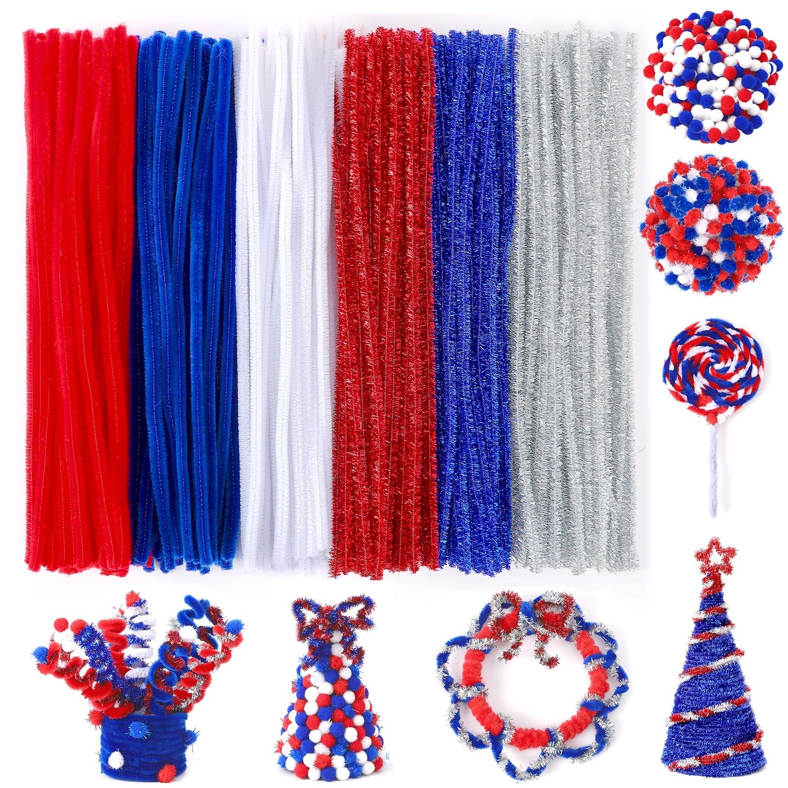 Snapklik.com : 550PCS Independence Day Red White Blue Pipe Cleaners Pom ...
