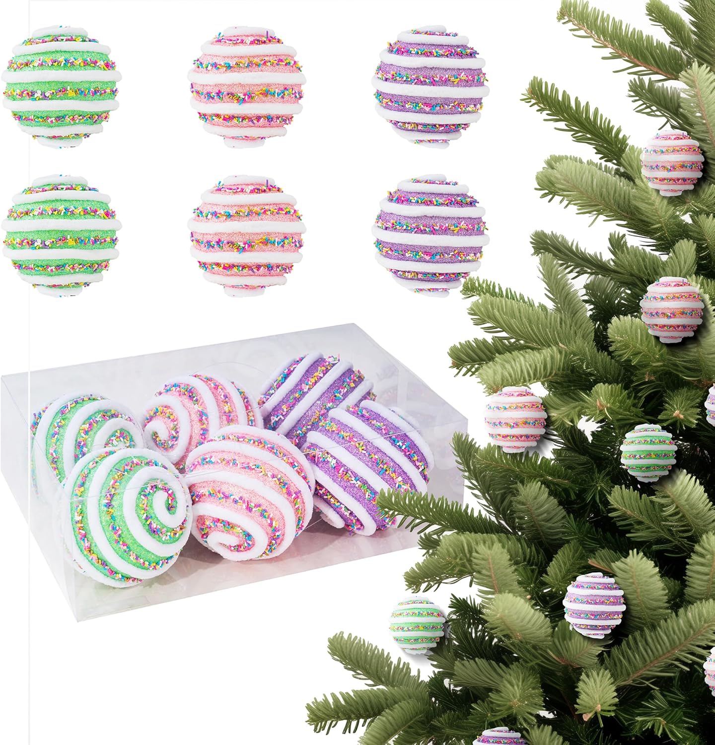 Amazon.com: WESAIL 3.75“ Christmas Coloful Sprinkles Balls Ornaments Set, Sugar and Candy ...