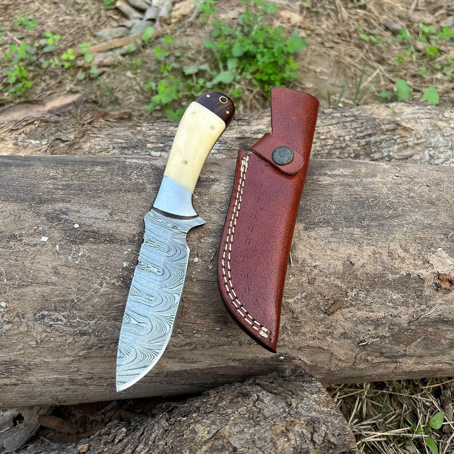 Amazon.com : RANDY KNIVES Handmade Damascus Hunting Knife with Leather ...