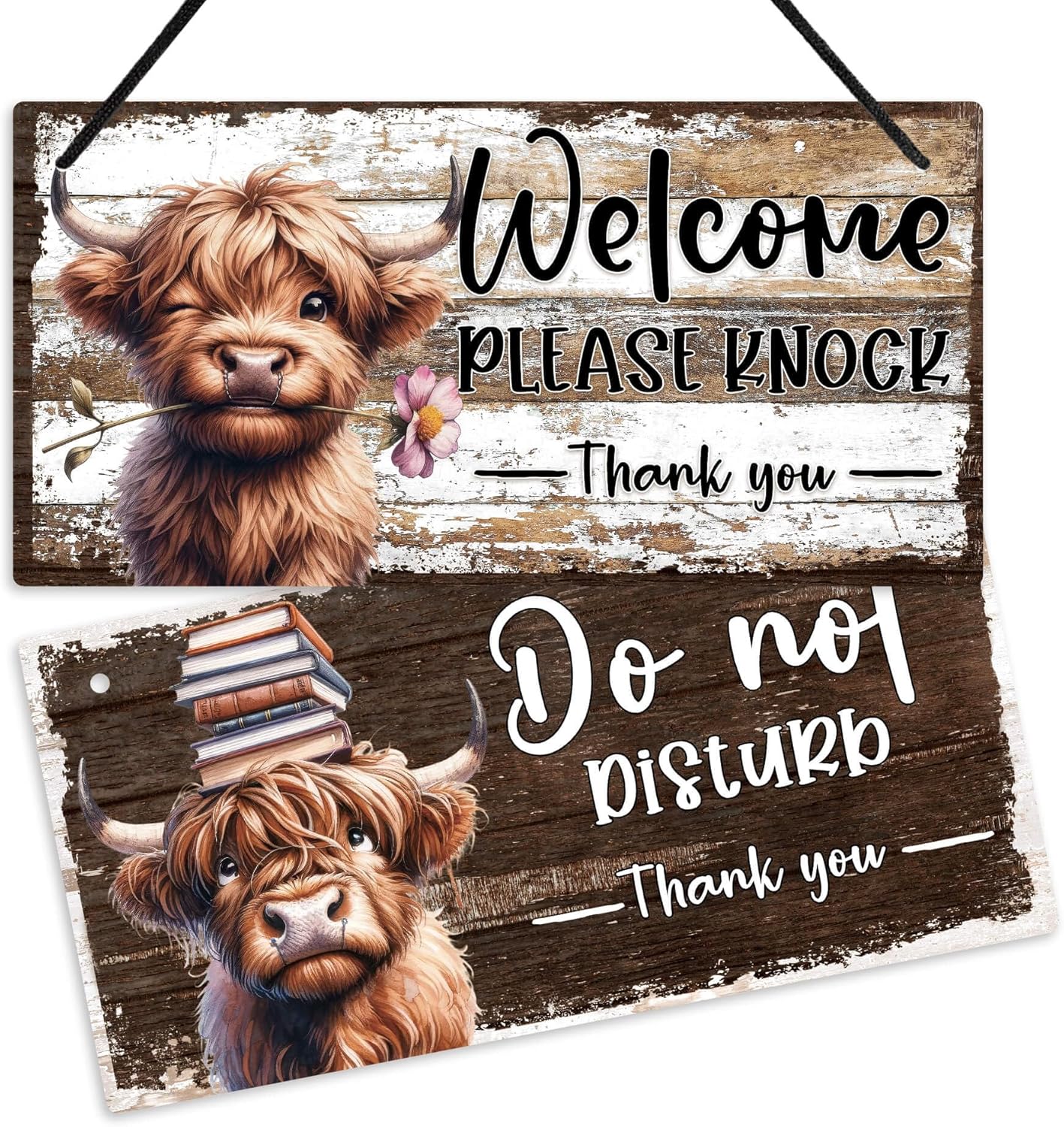 Amazon.com: Putuo Decor Cute Highland Cow "Please Knock" & "Do Not ...