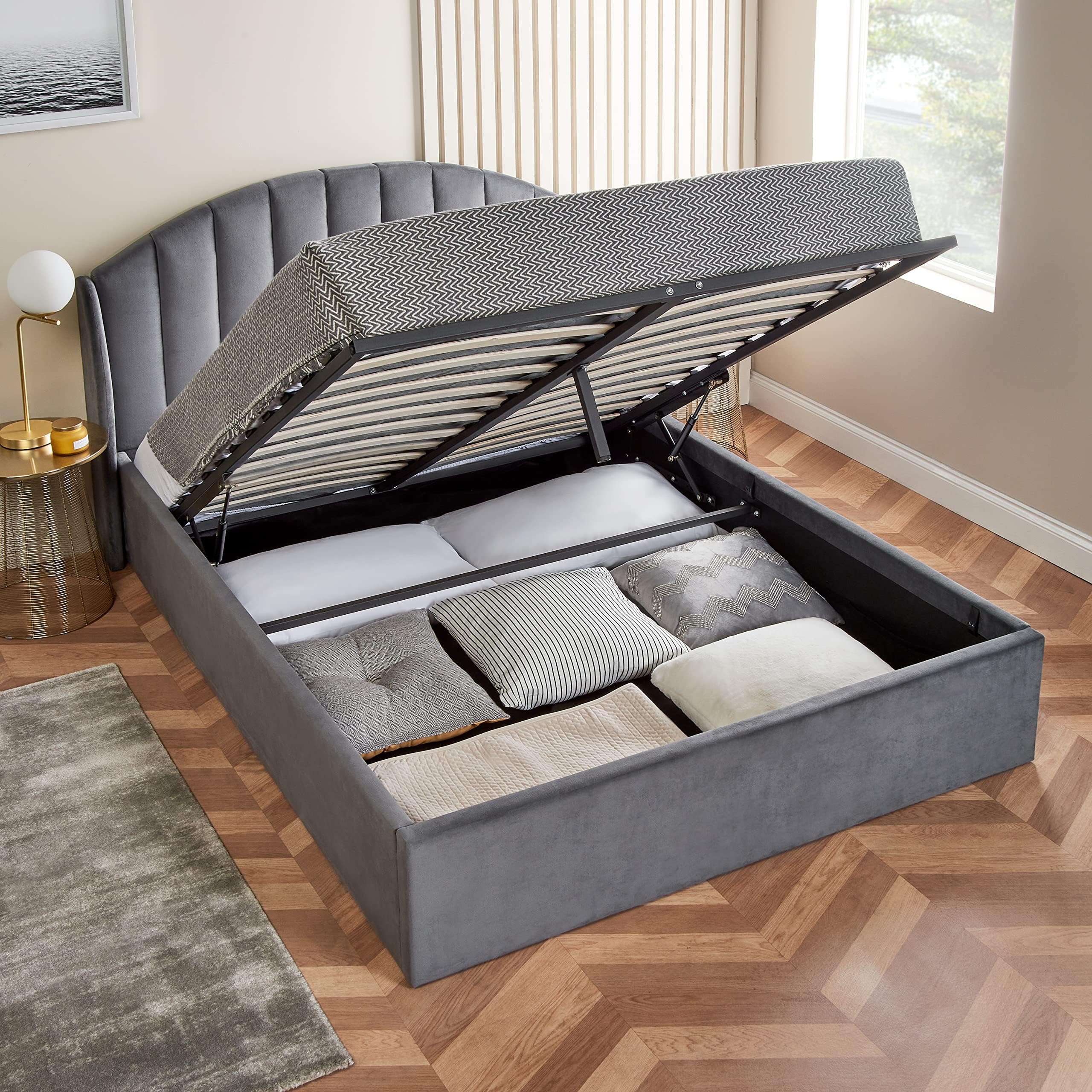 Aspire Beds Upholstered Side Opening Storage Ottoman Bed in Steel Plush ...