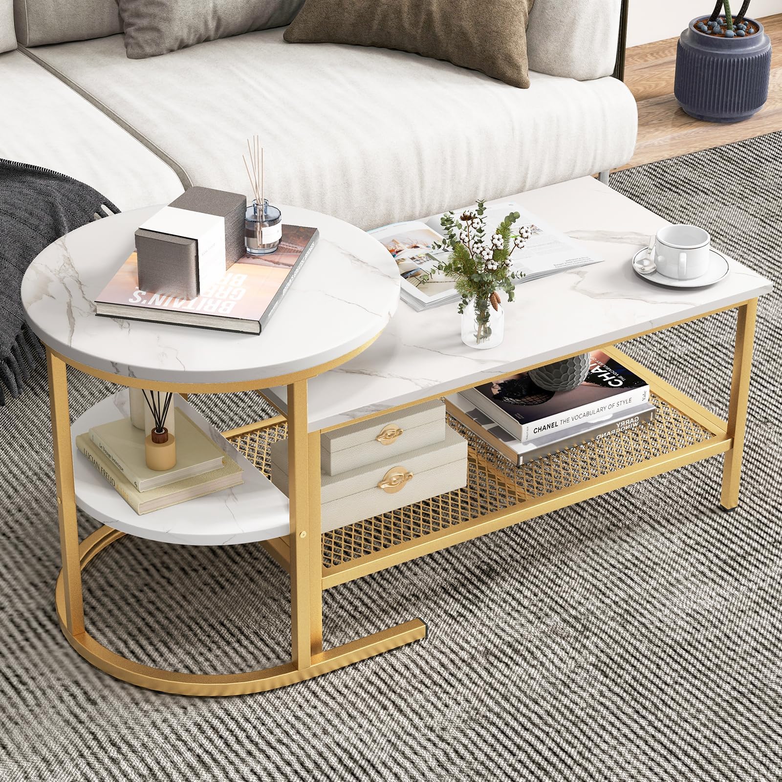 Amazon.com: HOMCOM Coffee Tables Set of 2, 2-Rier Rectangle and Round ...
