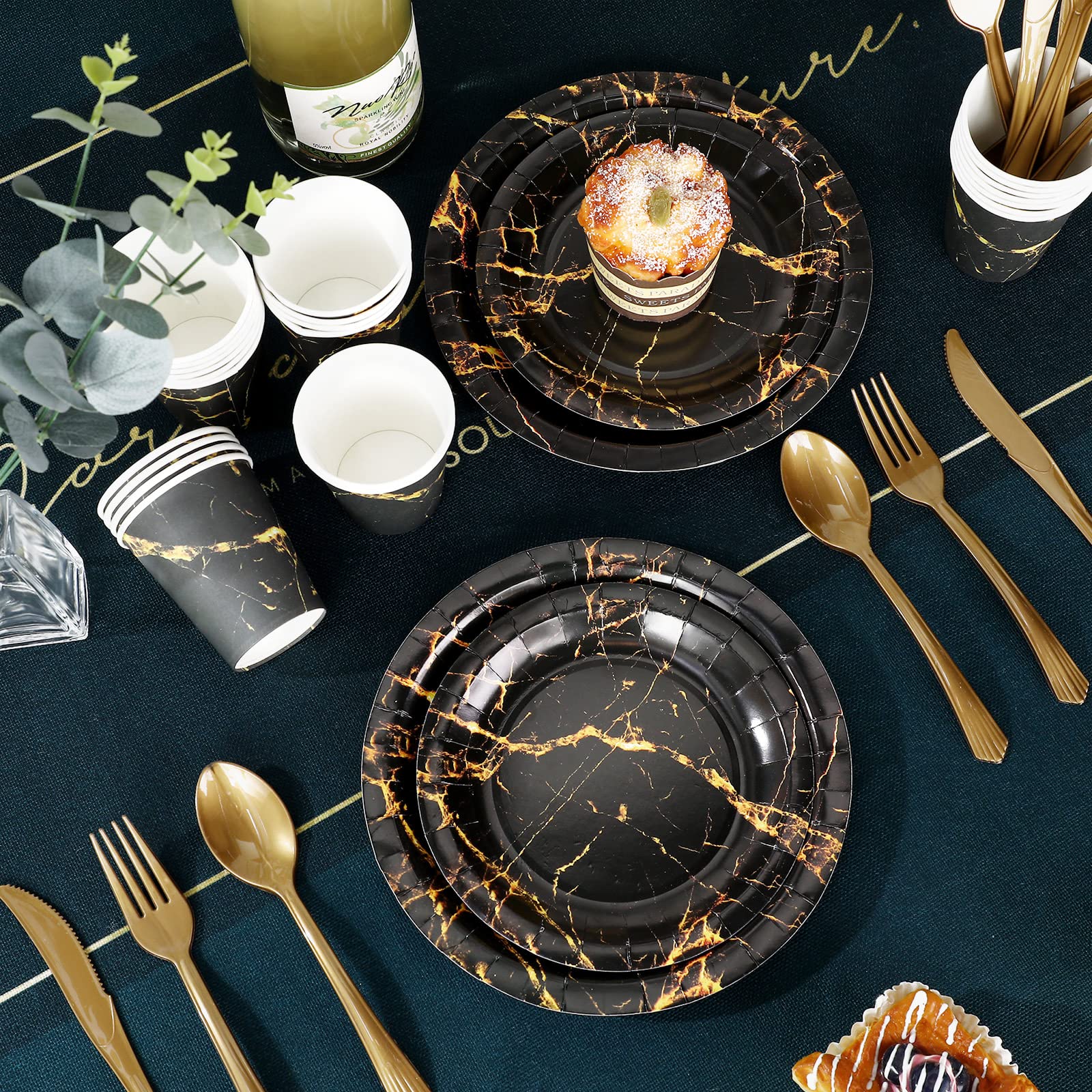 Sawysine 300 Pcs Disposable Paper Dinnerware Set 50 Guests, 100 Gold ...