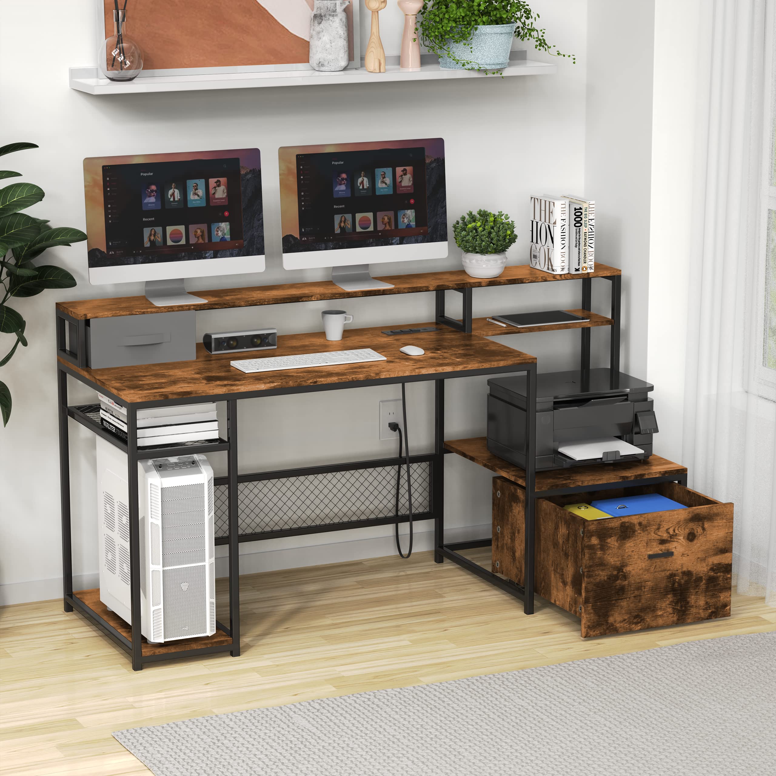 AYEASY Home Office Desk with Monitor Stand Shelf, 66 inch Large ...