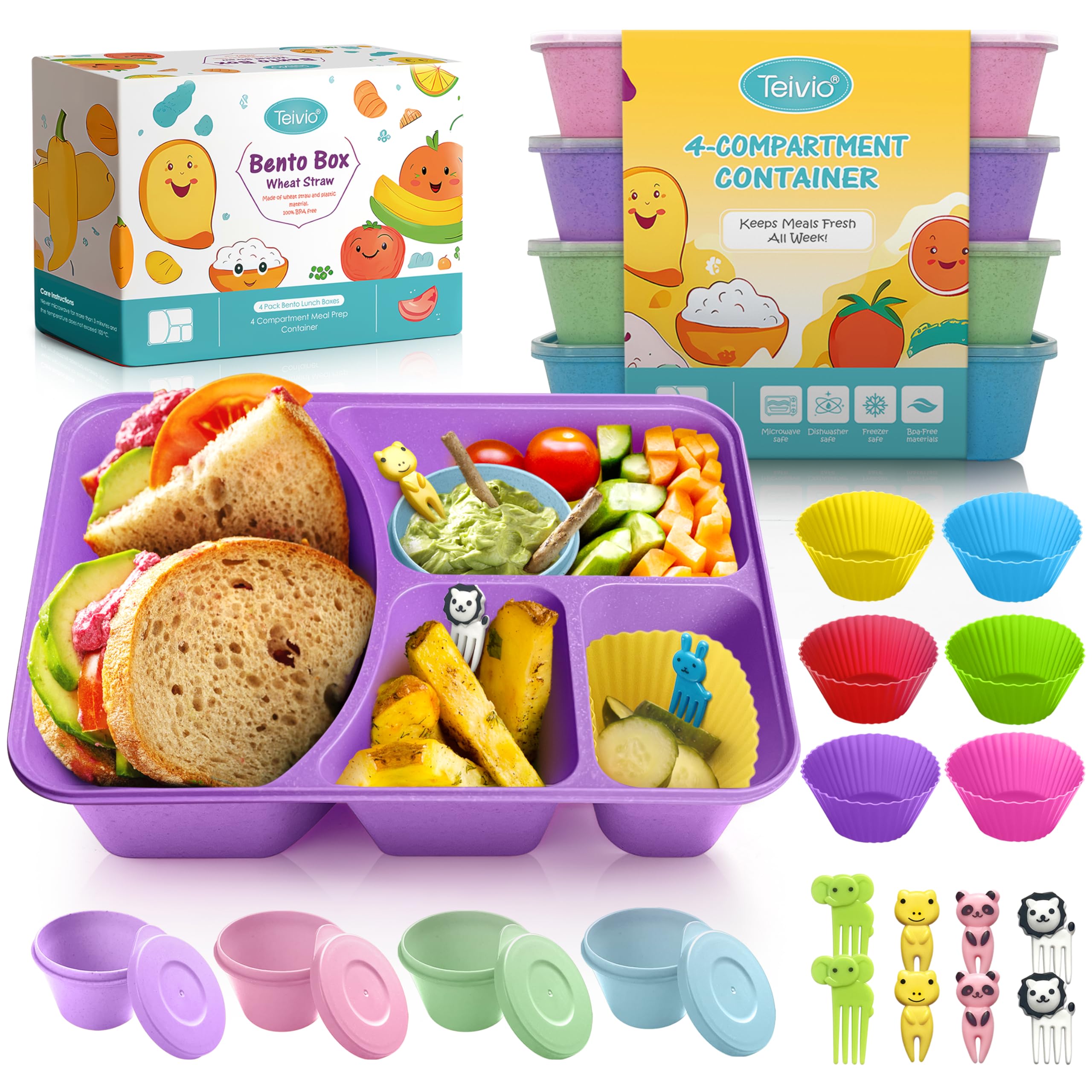 Snapklik.com : Teivio 4 Pack Plastic Bento Lunch Box Snack Container