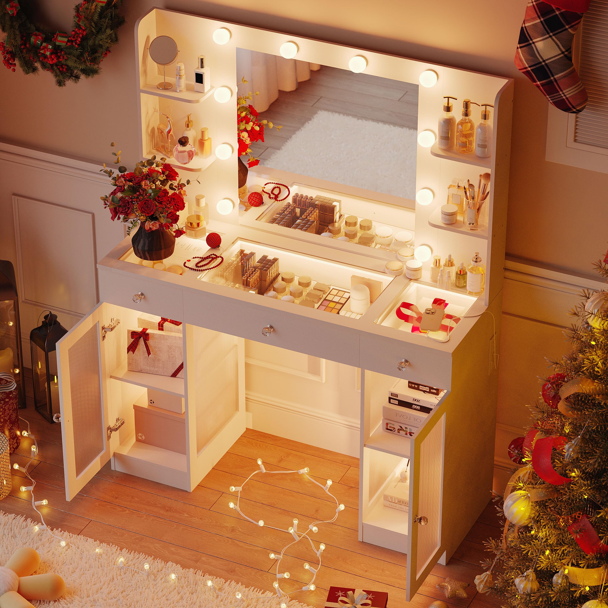 Amazon.com: Makeup Vanity with Glass Top, White Vanity Desk with Mirror ...