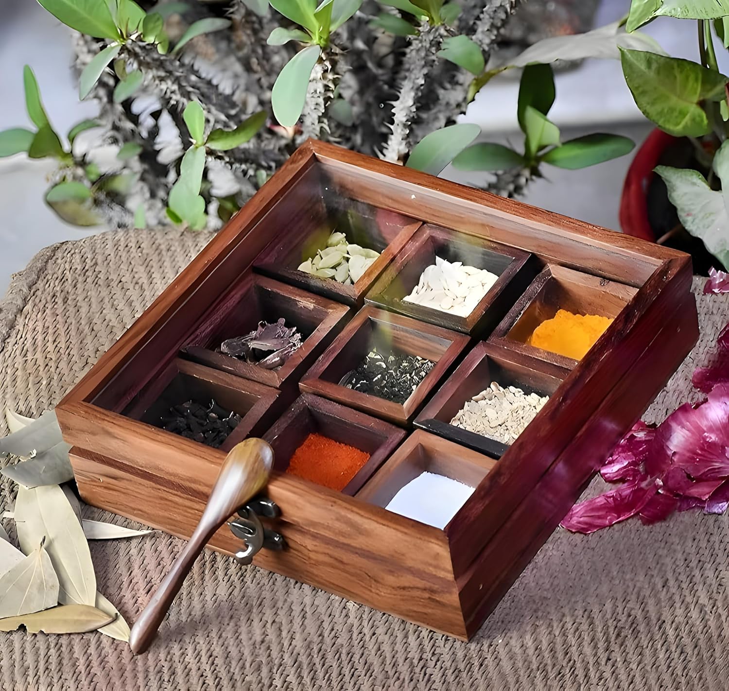 WoodCity Wooden Glass Spice Box With Antique Lock Table In 9 Section ...